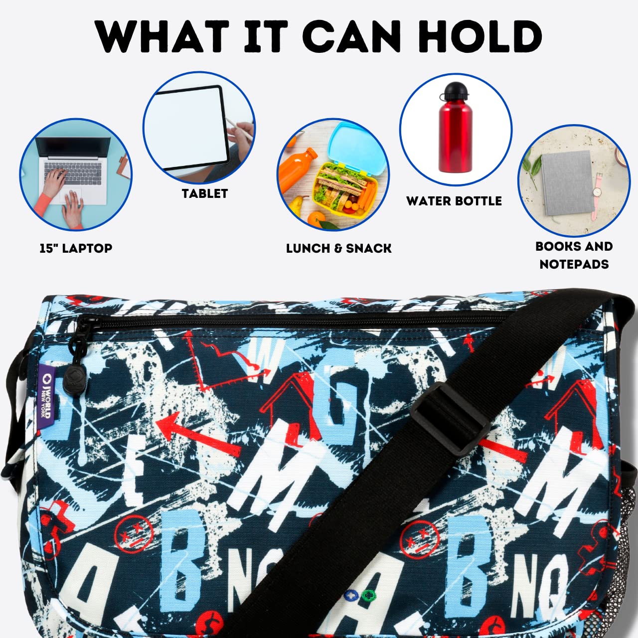 J World New York luggage Terry for Women. Girls School Kids Messenger Bag, Graffiti, One Size US