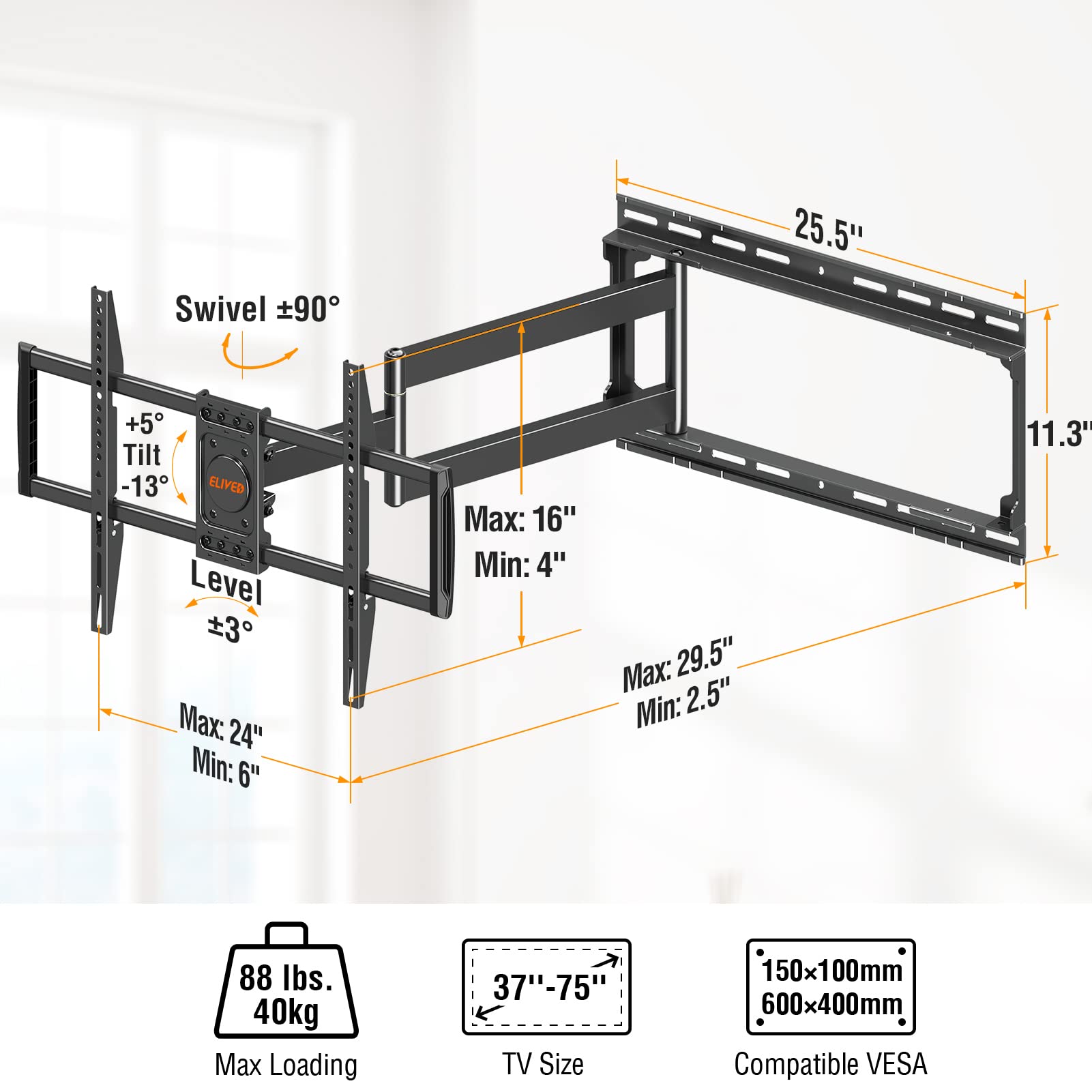 ELIVED Long Extension TV Mount for Most 37-75 Inch TV, Full Motion Wall Bracket with 29.5 inch Long Arm Articulating TV Wall Mount, Max VESA 600x400mm, Holds up to 88lbs, fits Wood Studs 12"-24".
