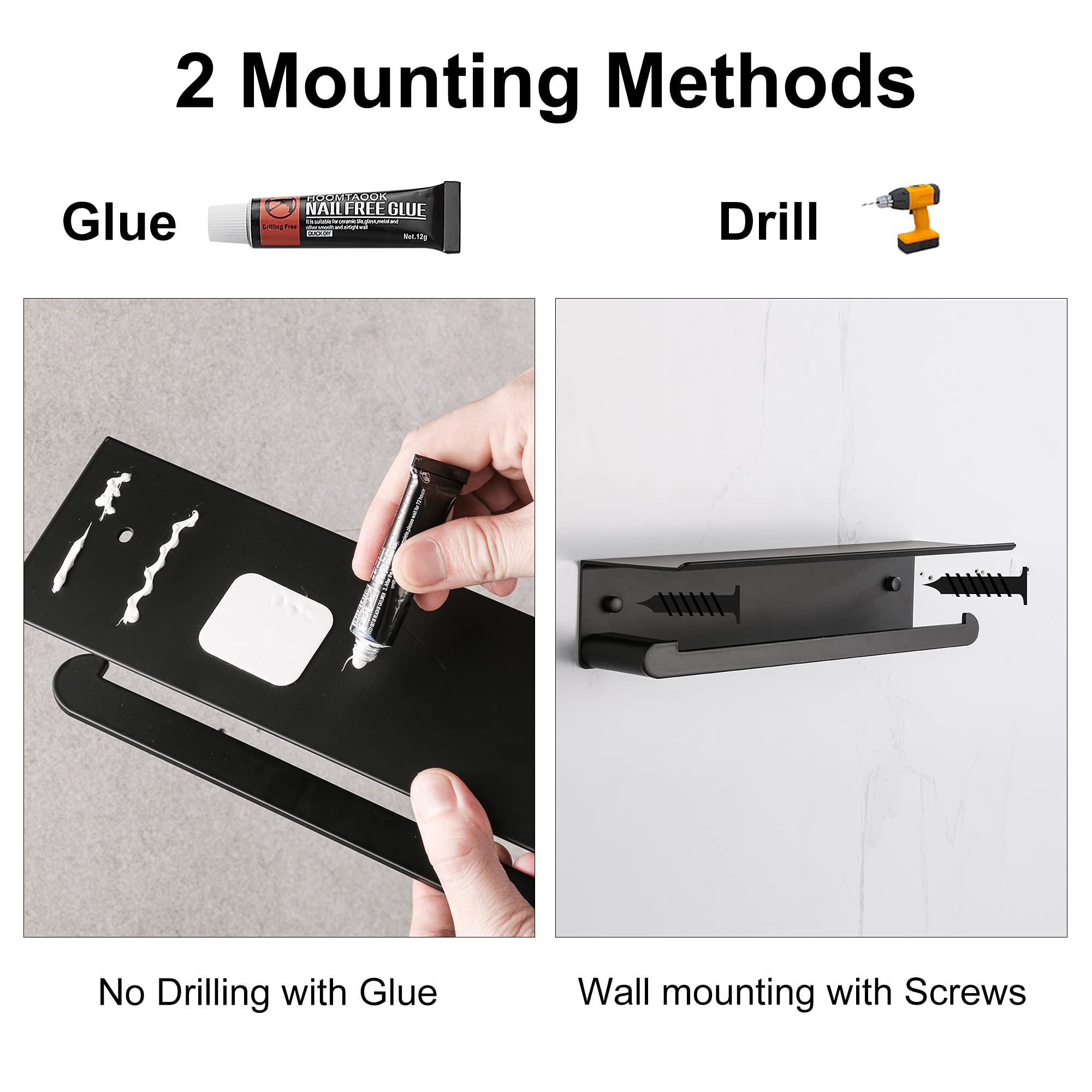DUFU Paper Towel Holder Wall Mount for Kitchen, Self-Adhesive Paper Towel Holder with Shelf for Bathroom, Anti-Rust Aluminum, No Drill or Wall-Mounted with Screws (Matt Black)