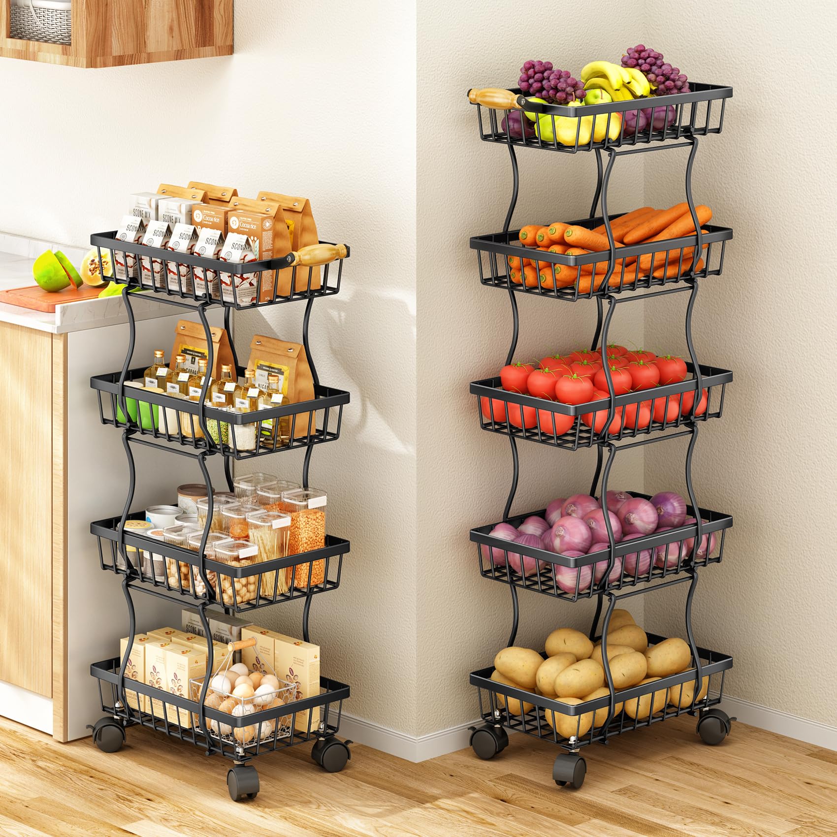 5 Tier Fruit Basket for Kitchen, Stackable Fruit and Vegetable Wire Basket with Wheels for Banana Onions and Potatoes Storage and Organization, Black