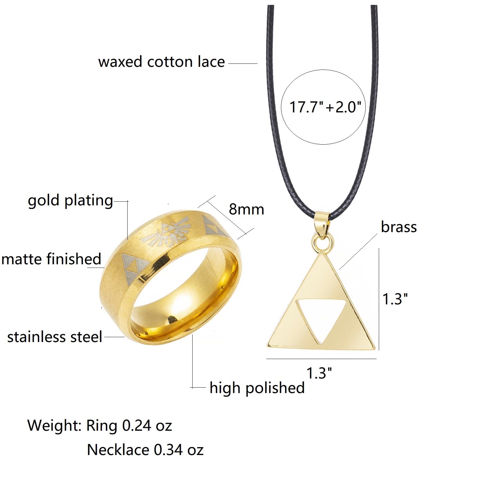 Winssigma Stainless Steel Ring for Men, Triangle Pendant Necklace Cosplay Jewelry Set for Gaming Enthusiast(Gold #6)