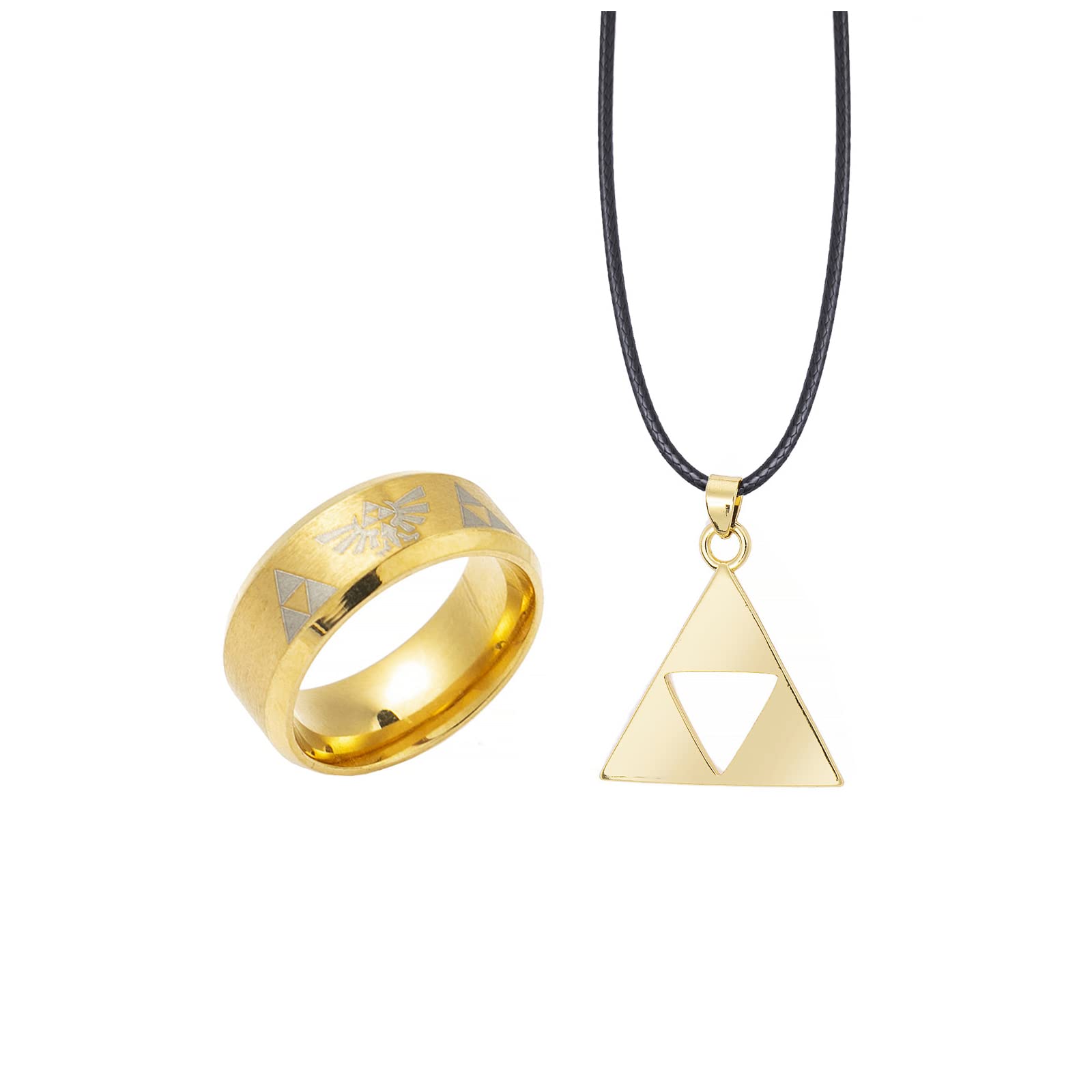 Winssigma Stainless Steel Ring for Men, Triangle Pendant Necklace Cosplay Jewelry Set for Gaming Enthusiast(Gold #6)