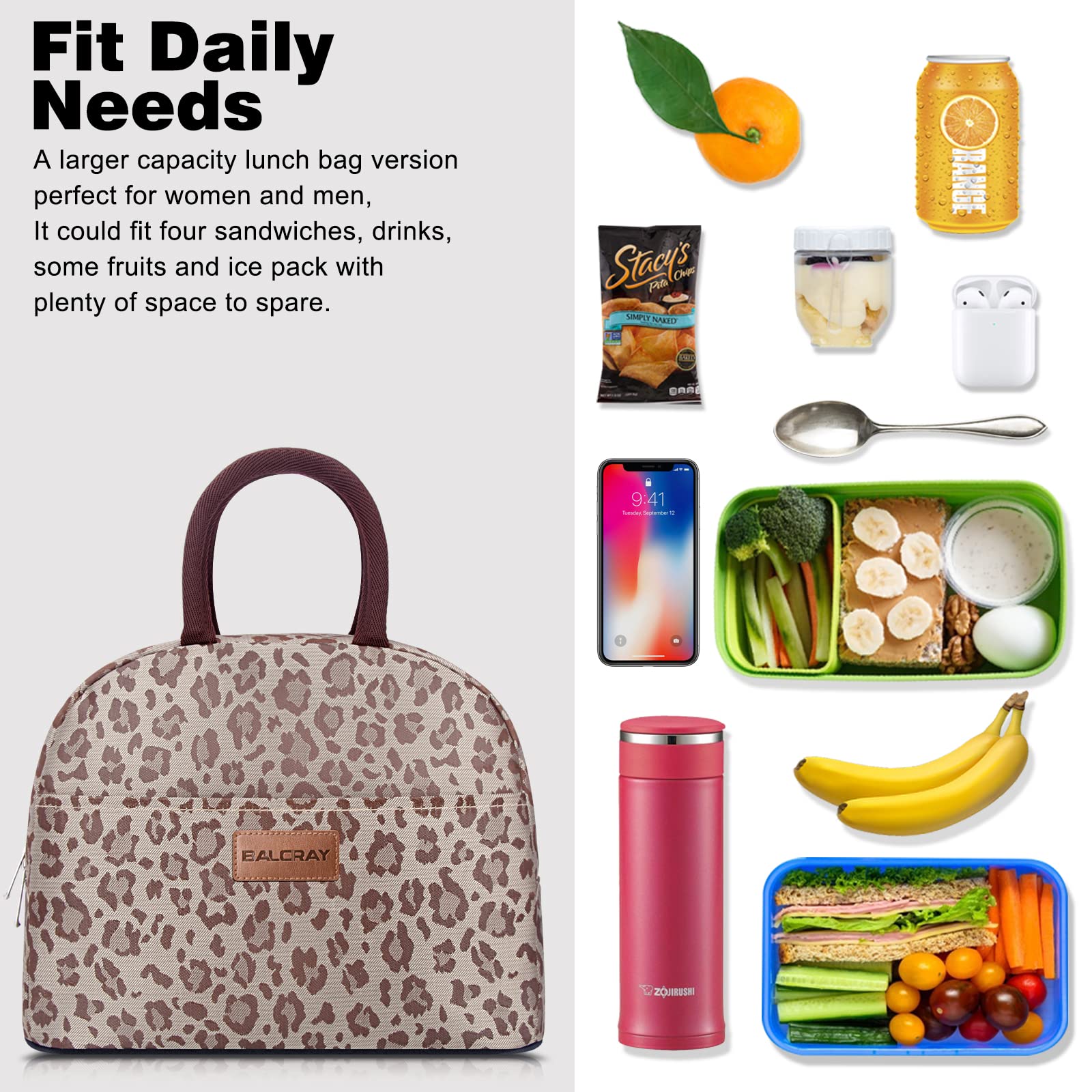 BALORAY Insulated Lunch Bag for Women Men Reusable Lunch Box for Adults, Large Lunch Cooler Tote Bag for Work Office School Picnic (G-197L Brown Leopard)