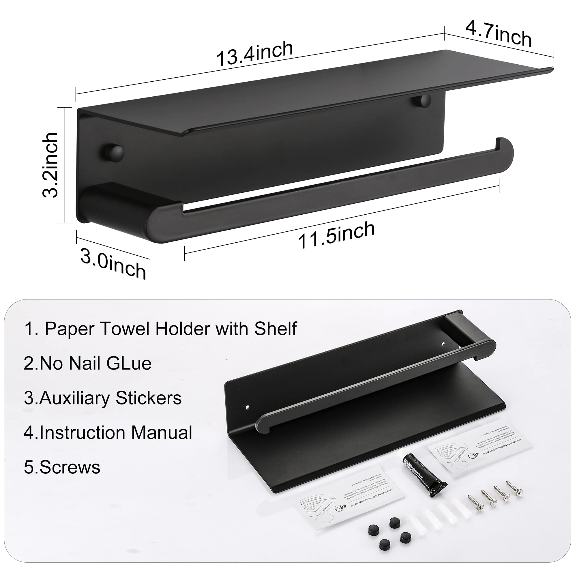 DUFU Paper Towel Holder Wall Mount for Kitchen, Self-Adhesive Paper Towel Holder with Shelf for Bathroom, Anti-Rust Aluminum, No Drill or Wall-Mounted with Screws (Matt Black)