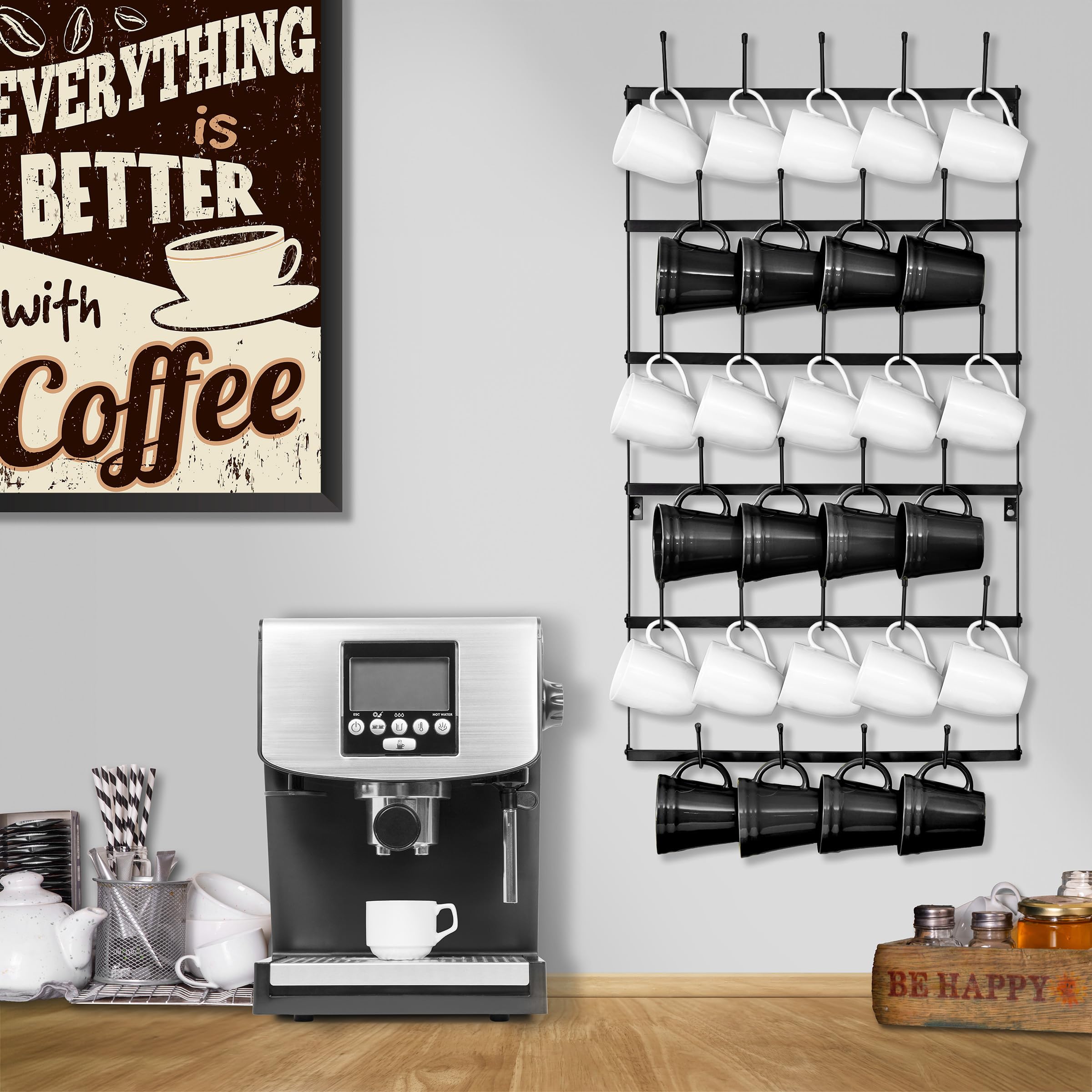 Sorbus Mug Rack Cup Holder - Wall Mounted Home Storage Mug Hooks with 6-Tier Display Organizer for Coffee Mugs, Tea Cups, Mason Jars, and More β Holds 27 Mugs β Black Metal (Large)