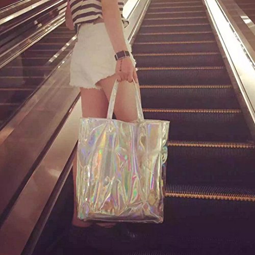 Van Caro Womens Open Top Holographic Tote Shoulder Bag Laser Shopper Bag Silver