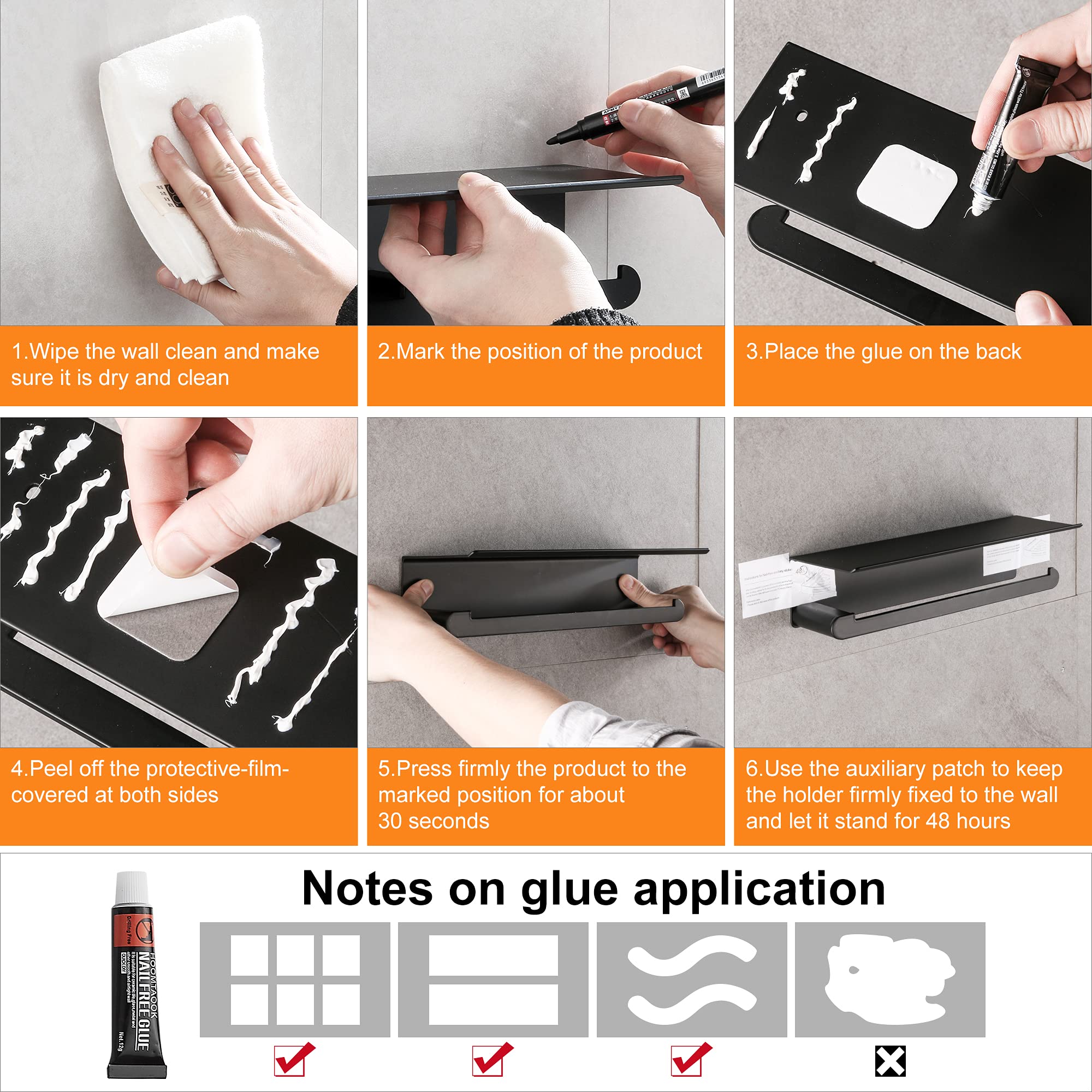 DUFU Paper Towel Holder Wall Mount for Kitchen, Self-Adhesive Paper Towel Holder with Shelf for Bathroom, Anti-Rust Aluminum, No Drill or Wall-Mounted with Screws (Matt Black)