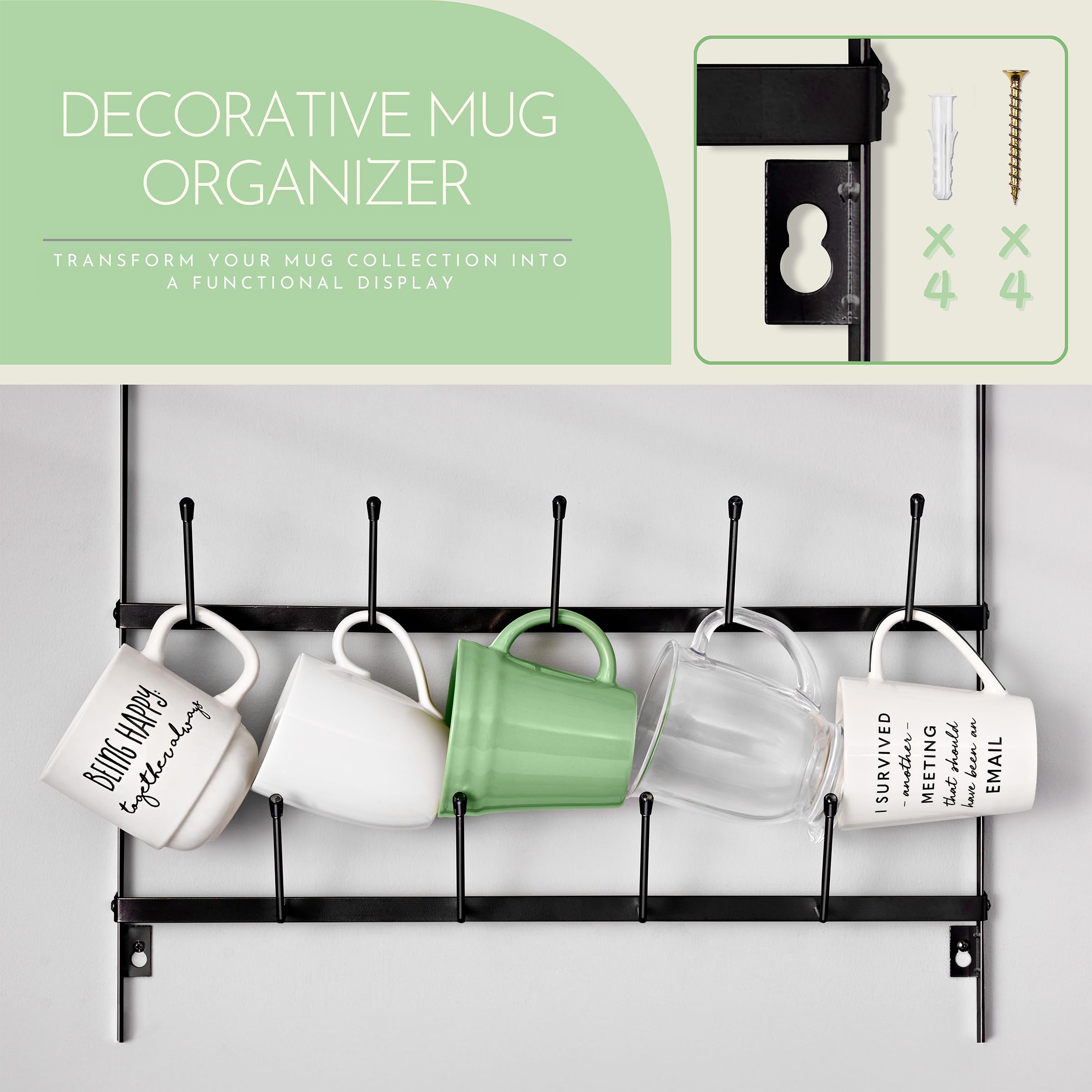 Sorbus Mug Rack Cup Holder - Wall Mounted Home Storage Mug Hooks with 6-Tier Display Organizer for Coffee Mugs, Tea Cups, Mason Jars, and More β Holds 27 Mugs β Black Metal (Large)