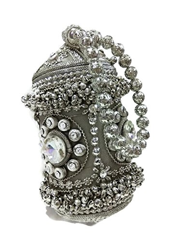 Women/Girl Bridal Party Bag Clutch Handmade metal Potali Handbag purse Hand clutch fully beaded Crystal Rhinestones (Silver)