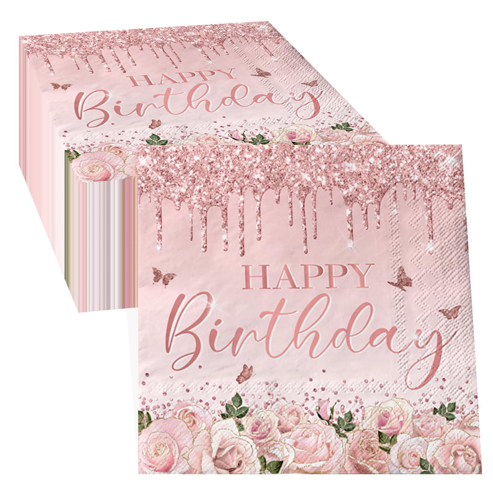 Pink Rose Gold Birthday Party Supplies - 40Pcs Birthday Napkins Disposable Rose Gold Foil Paper Napkins Rose Gold Theme Birthday Party Decoration for Girls 50th 60th Women Birthday Party