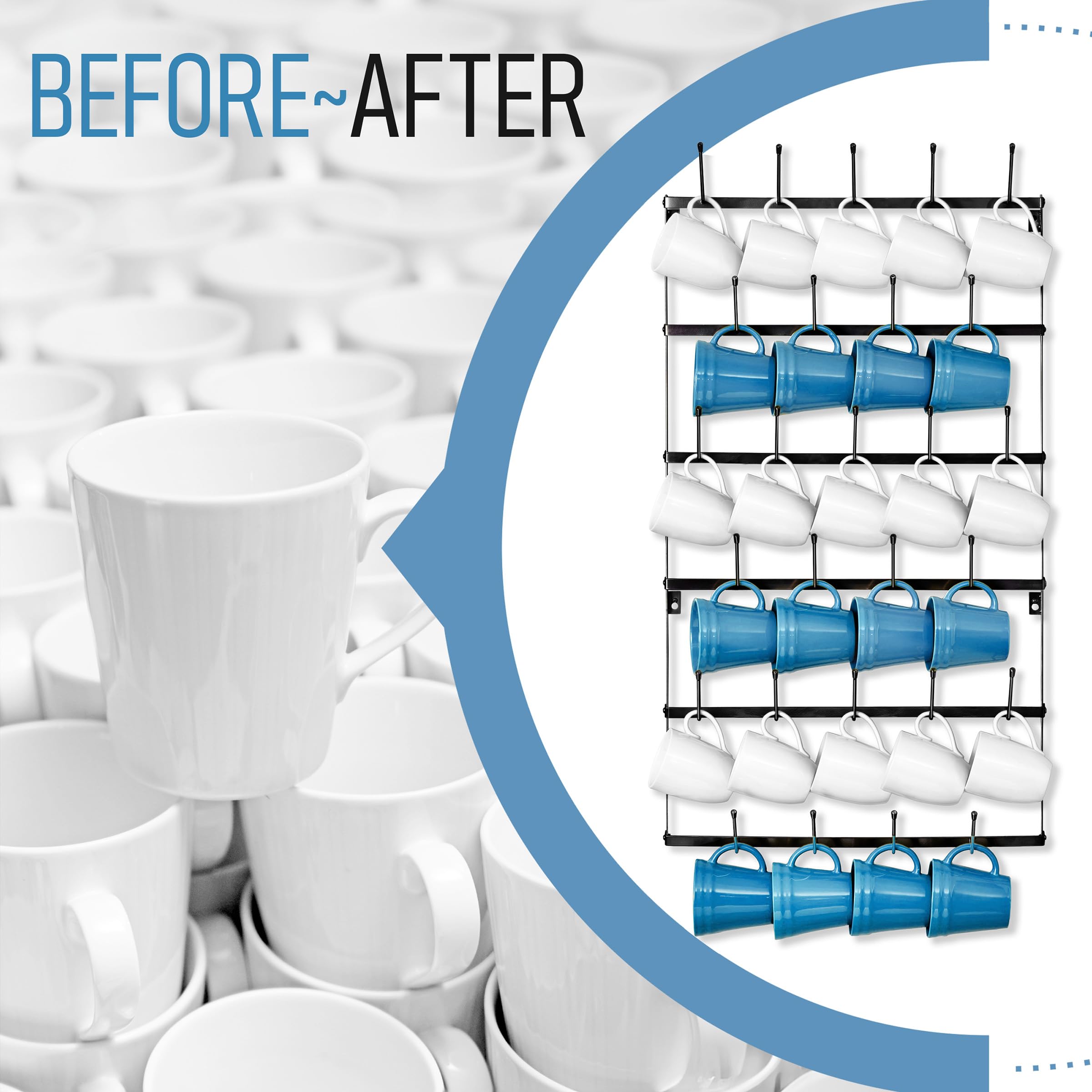 Sorbus Mug Rack Cup Holder - Wall Mounted Home Storage Mug Hooks with 6-Tier Display Organizer for Coffee Mugs, Tea Cups, Mason Jars, and More β Holds 27 Mugs β Black Metal (Large)