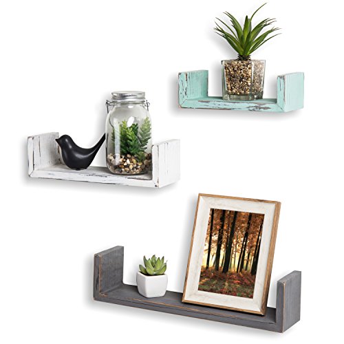 MyGift Rustic Wood U Shaped Floating Shelves - Wall Mounted Office, Kitchen, Living Room Display Shelf, Set of 3, Multicolored