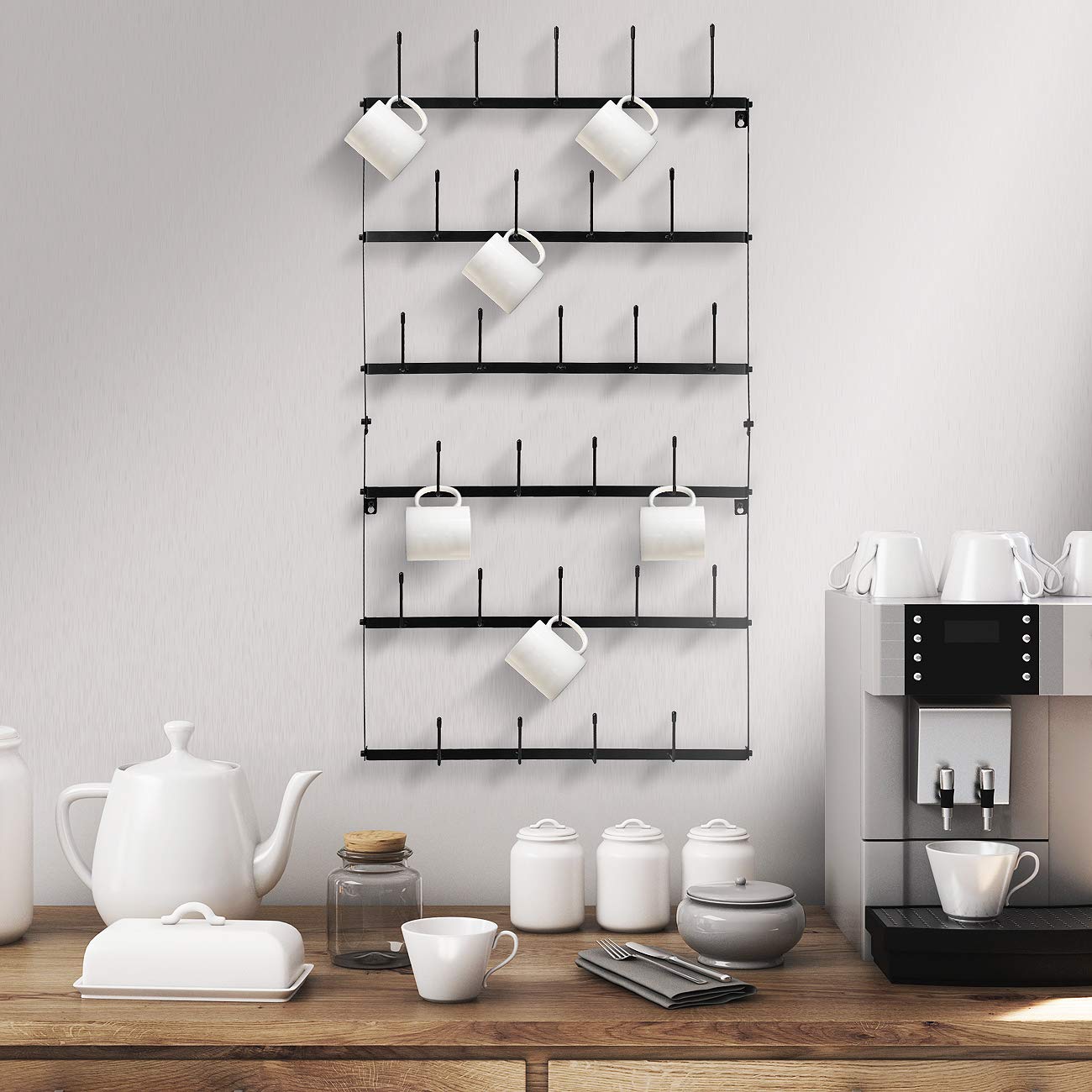 Sorbus Mug Rack Cup Holder - Wall Mounted Home Storage Mug Hooks with 6-Tier Display Organizer for Coffee Mugs, Tea Cups, Mason Jars, and More β Holds 27 Mugs β Black Metal (Large)