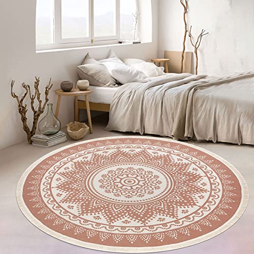 SHACOS 4 Ft Round Rug Boho Mandala Woven Cotton Area Rug Washable Chic Decorative Circle Rug with Tassels for Living Room Bedroom Kids Room (4 ft, Peacock Flower)
