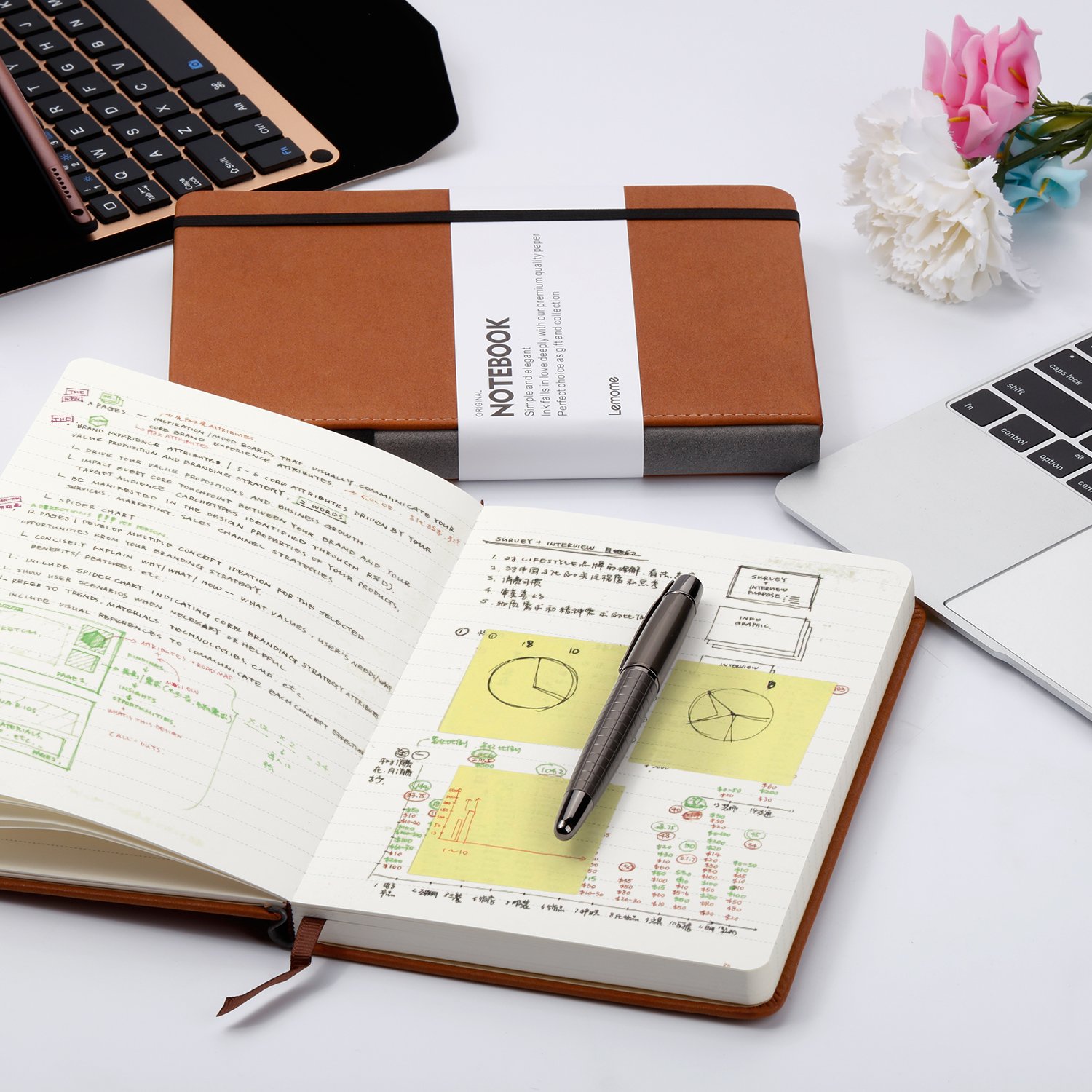 Lemome Thick Classic Notebook with Pen Loop A5 College Ruled Hardcover Writing Notebook with Pocket + Page Dividers Gifts, Banded, Large, 180 Pages, 8.4 x 5.7 in