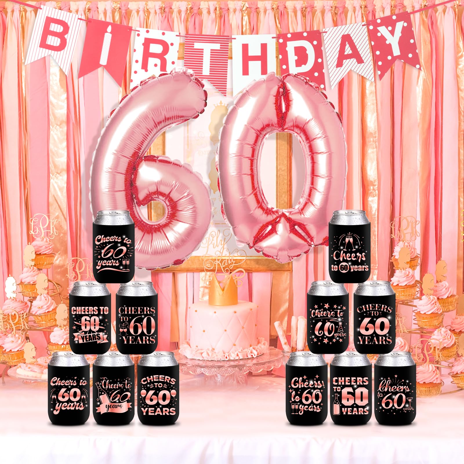 12Pcs Can Cooler Sleeves - Rose Gold 60th Birthday Decorations for Women - Beverage Can Cooler Sleeves for Cheers to 60 Years Old Party Supplies Gift