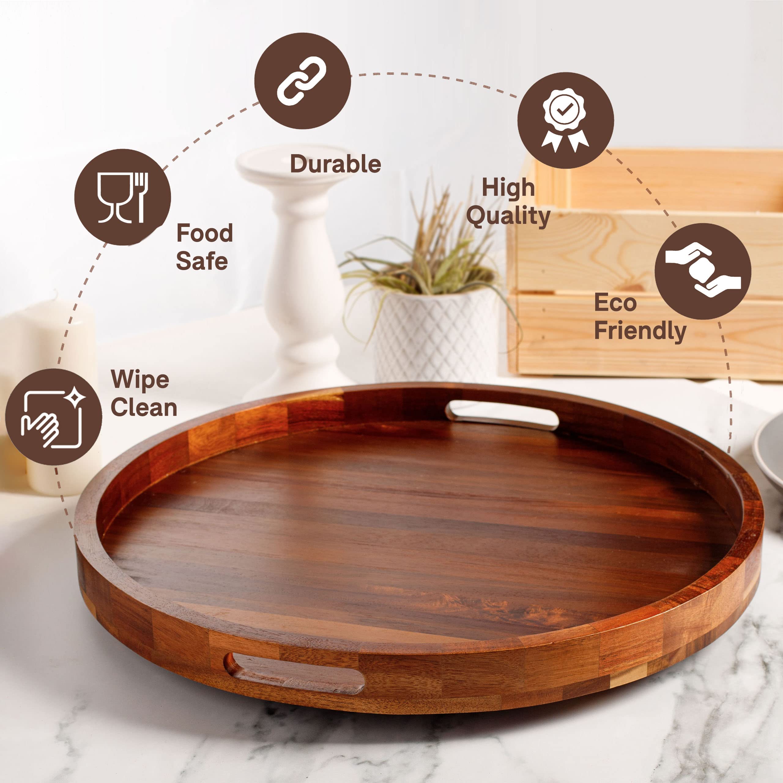 Galleon Gourmet 18 Inch Acacia Wooden Lazy Susan Turntable Tray: Smooth Rotating, Sturdy Handles, and Elegant Lipped Edge