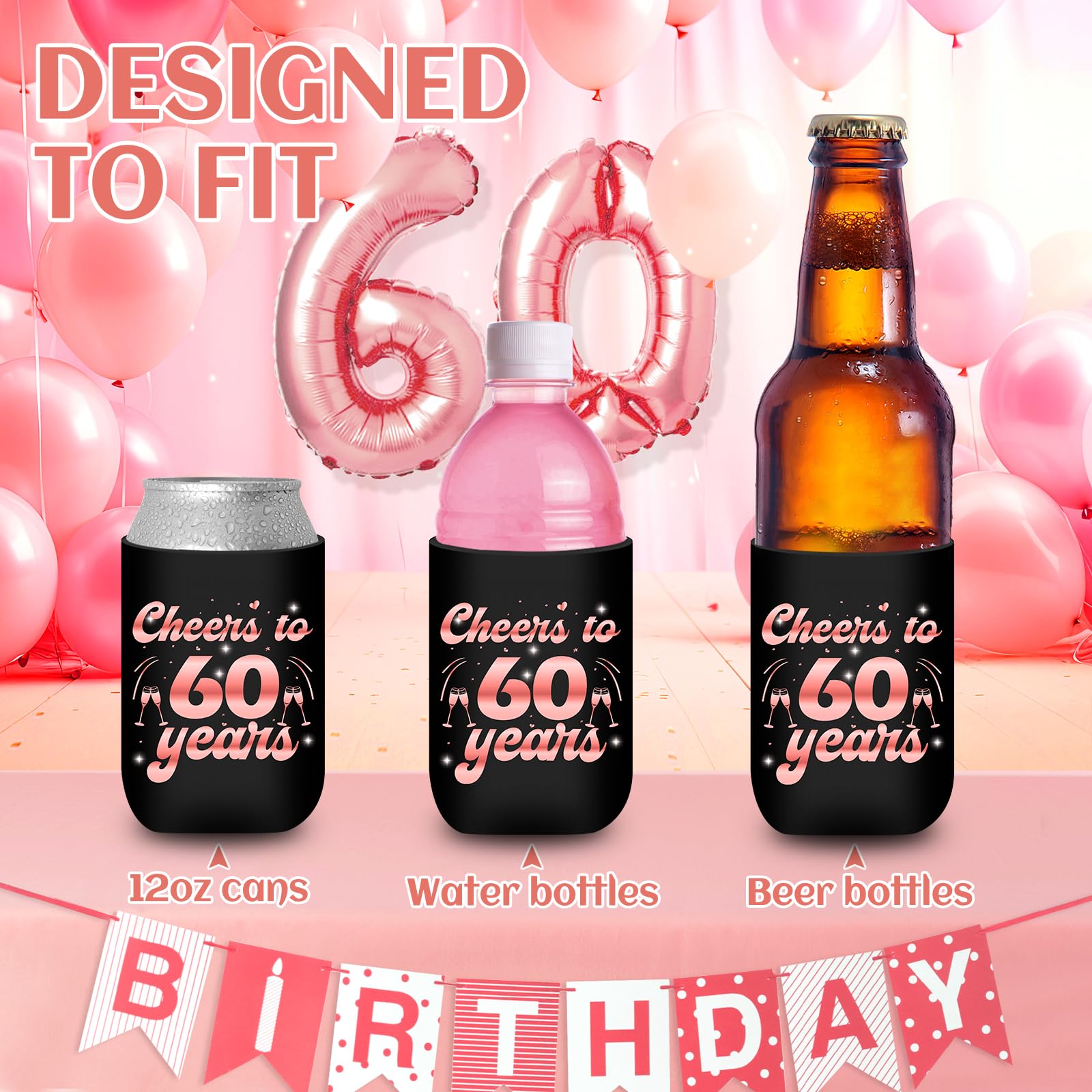 12Pcs Can Cooler Sleeves - Rose Gold 60th Birthday Decorations for Women - Beverage Can Cooler Sleeves for Cheers to 60 Years Old Party Supplies Gift