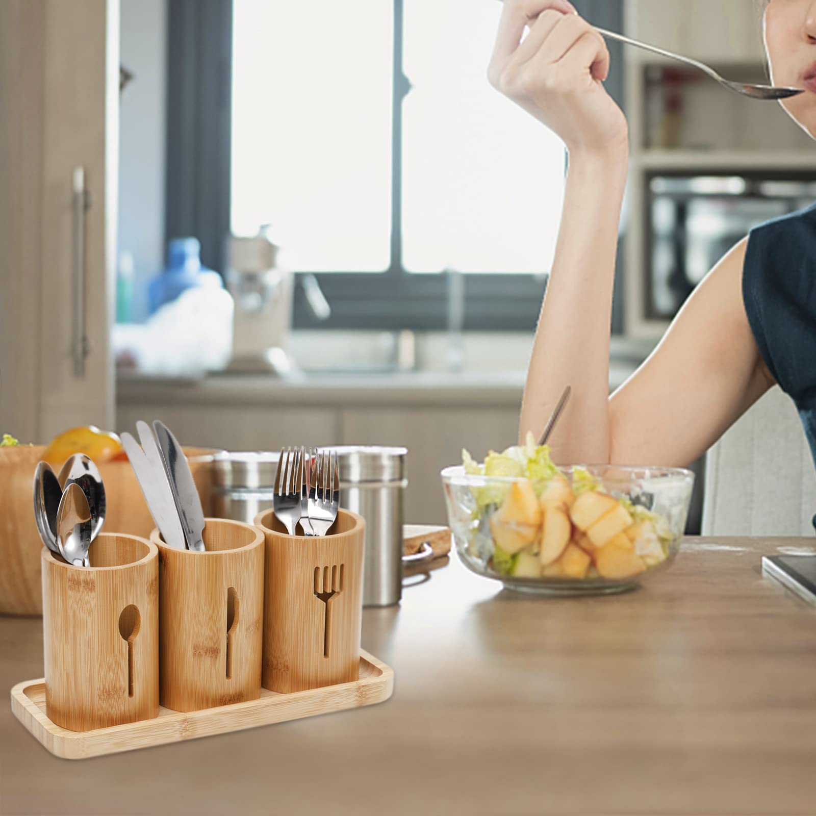 Lyellfe Silverware Holder, Bamboo Utensil Organizer with Tray, Rustic Farmhouse Kitchen Cutlery Flatware Holder Organizer for Spoons, Knives and Forks, Ideal for Kitchen and Restaurant