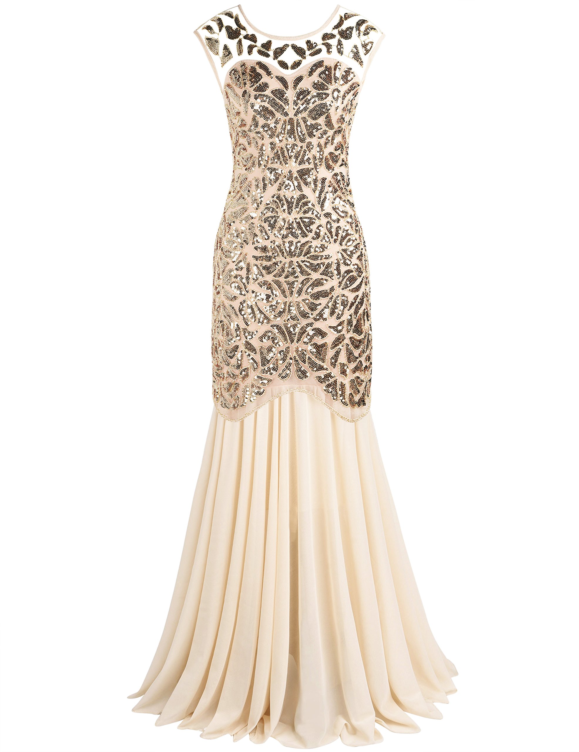 PrettyGuide Women 's 1920s Art Deco Sequin Gatsby Formal Evening Prom Dress L Gold Beige