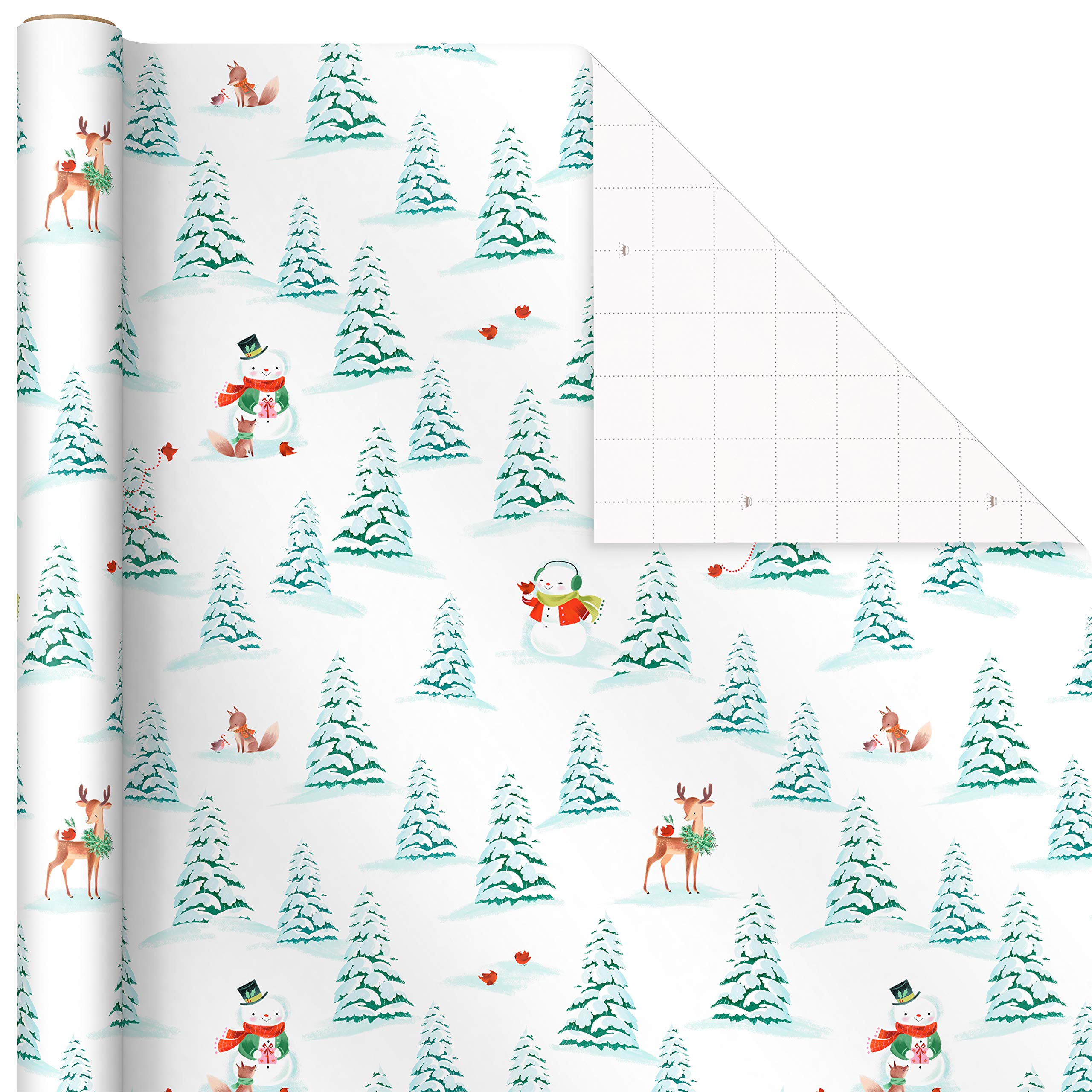 Hallmark Christmas Wrapping Paper with Cut Lines on Reverse (3 Rolls: 120 sq. ft. ttl) Woodland Storybook Critters, Deer, Snowmen, Mint Green and Teal Blue Plaid