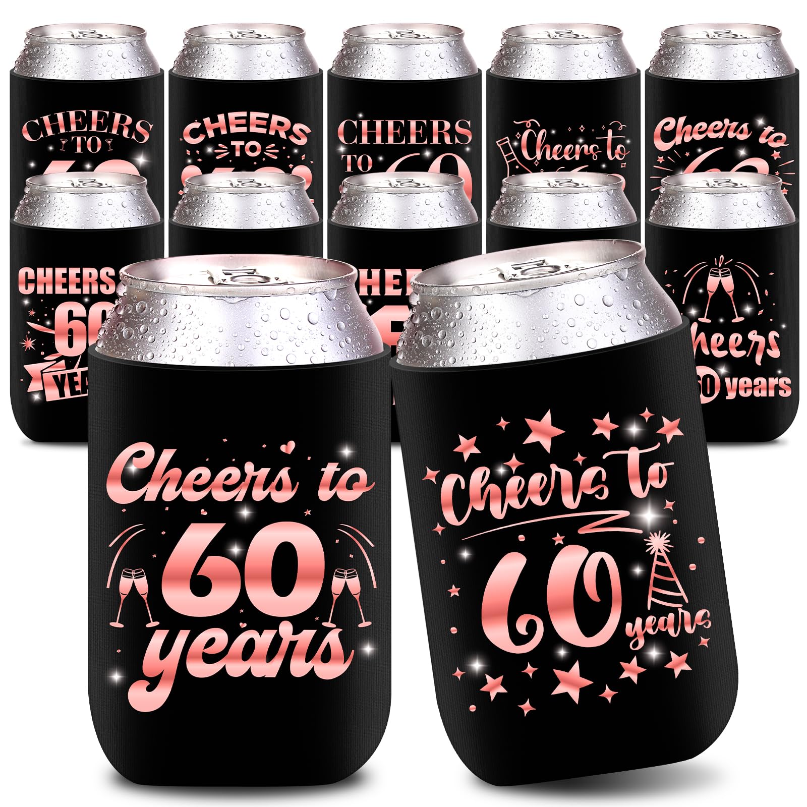12Pcs Can Cooler Sleeves - Rose Gold 60th Birthday Decorations for Women - Beverage Can Cooler Sleeves for Cheers to 60 Years Old Party Supplies Gift
