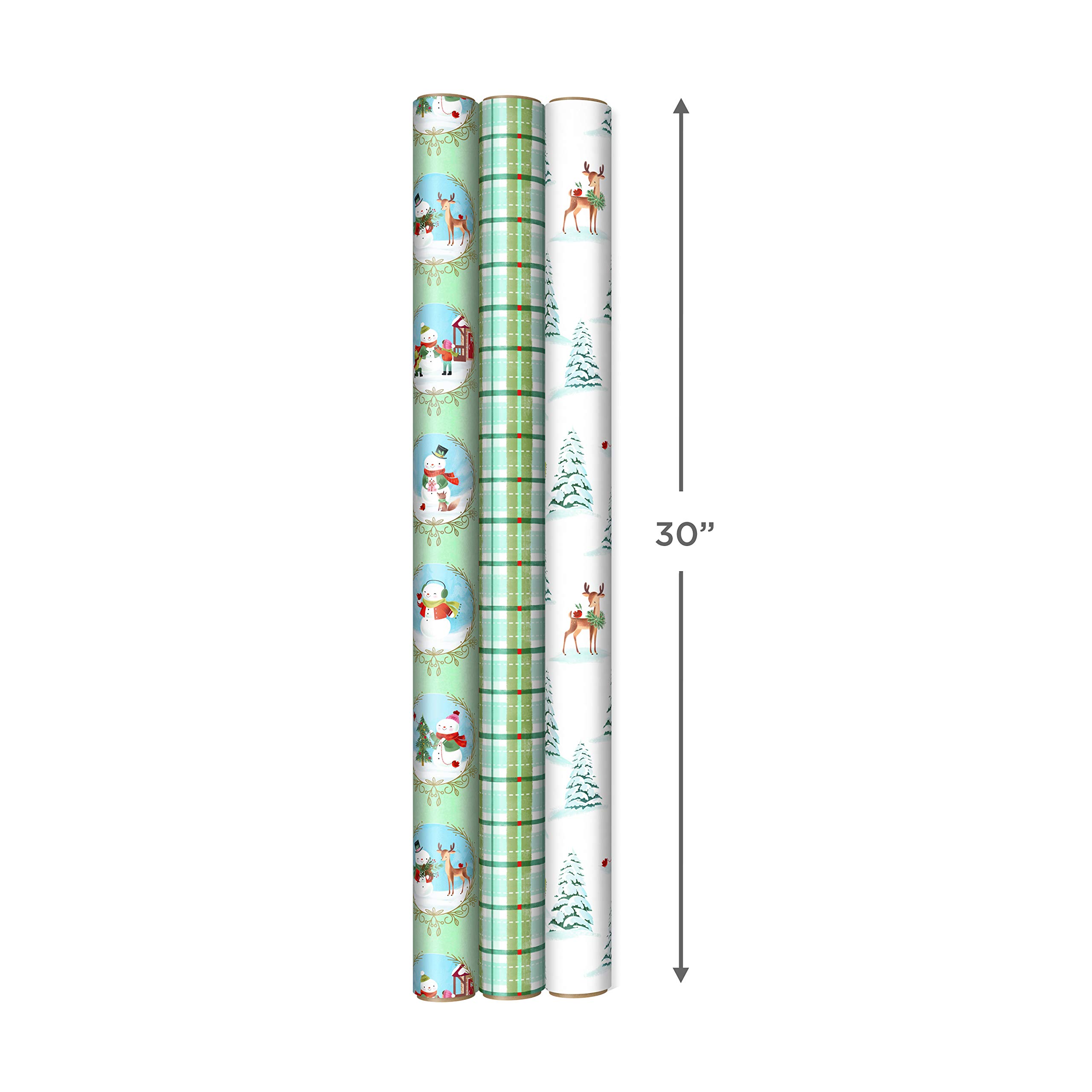 Hallmark Christmas Wrapping Paper with Cut Lines on Reverse (3 Rolls: 120 sq. ft. ttl) Woodland Storybook Critters, Deer, Snowmen, Mint Green and Teal Blue Plaid