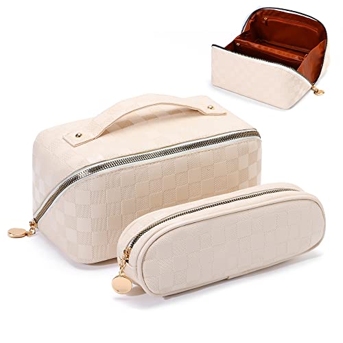 BAGCRAZY 2 Pcs Waterproof PU Leather Checkered Makeup Bag, Large Capacity Travel Cosmetic Bag - Portable Makeup Bags for Women, Lightweight Design and Waterproof Toiletries Bag for Cosmetic, White