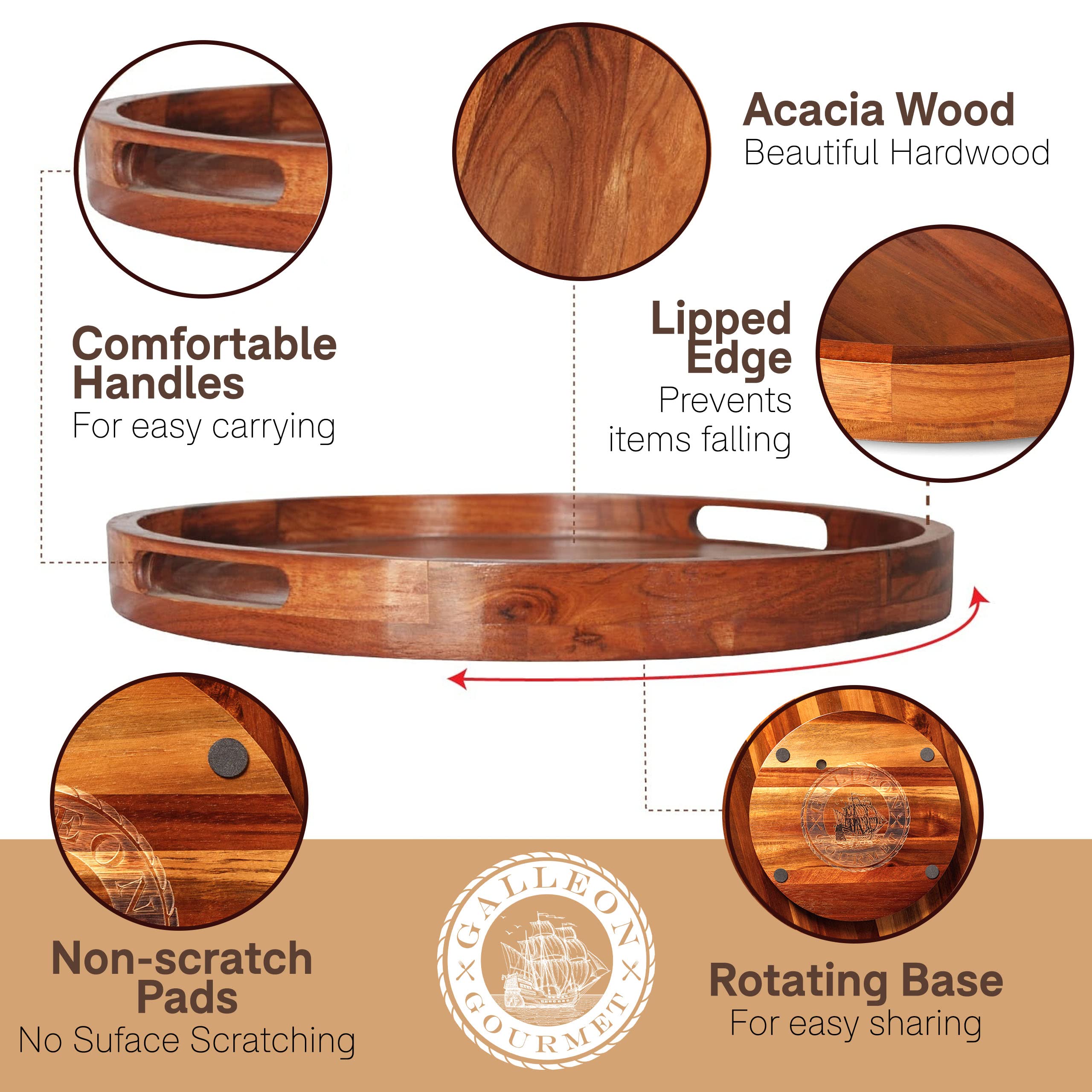 Galleon Gourmet 18 Inch Acacia Wooden Lazy Susan Turntable Tray: Smooth Rotating, Sturdy Handles, and Elegant Lipped Edge