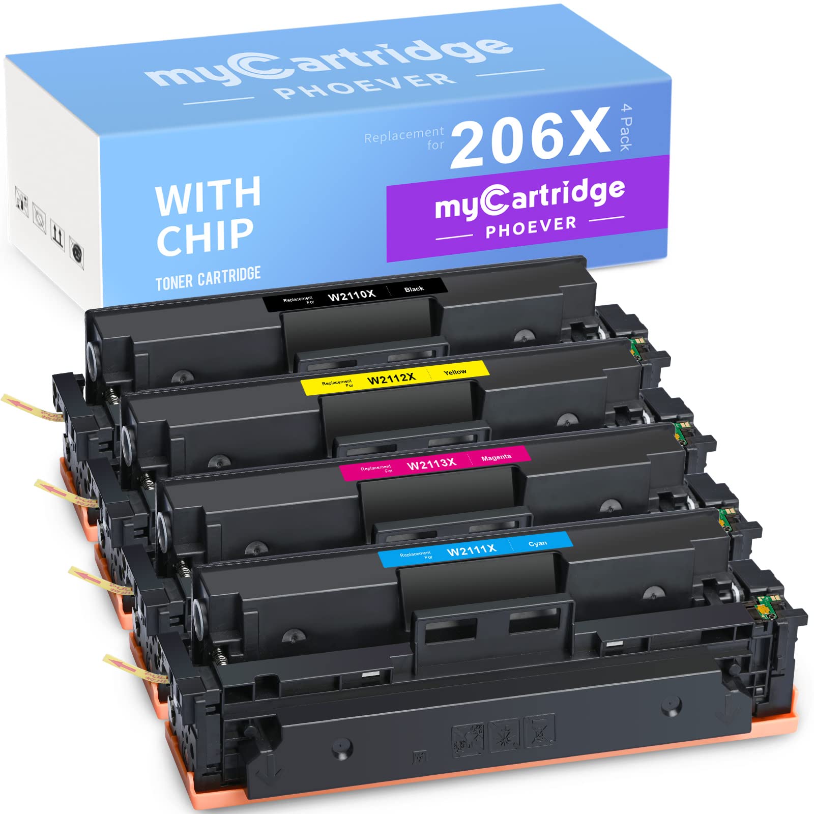 myCartridge PHOEVER (206X with CHIP) Compatible Toner Cartridge Replacement for HP 206X W2110X 206A High Yield Fit for M255dw MFP M283fdw M283cdw M282nw Printer (Black,Cyan,Magenta,Yellow,4-Pack)