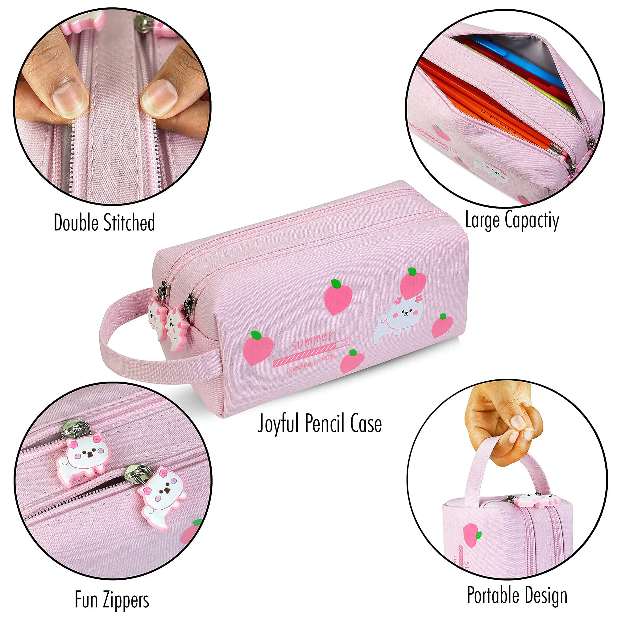 WittySilly Cute Cat Pencil Pouch for Girls, Kawaii Large Capacity Pink Pencil Case, Stationery Organizer Bag, High School College Pen Case, Office Supply Case Organizer (Soft Pink)