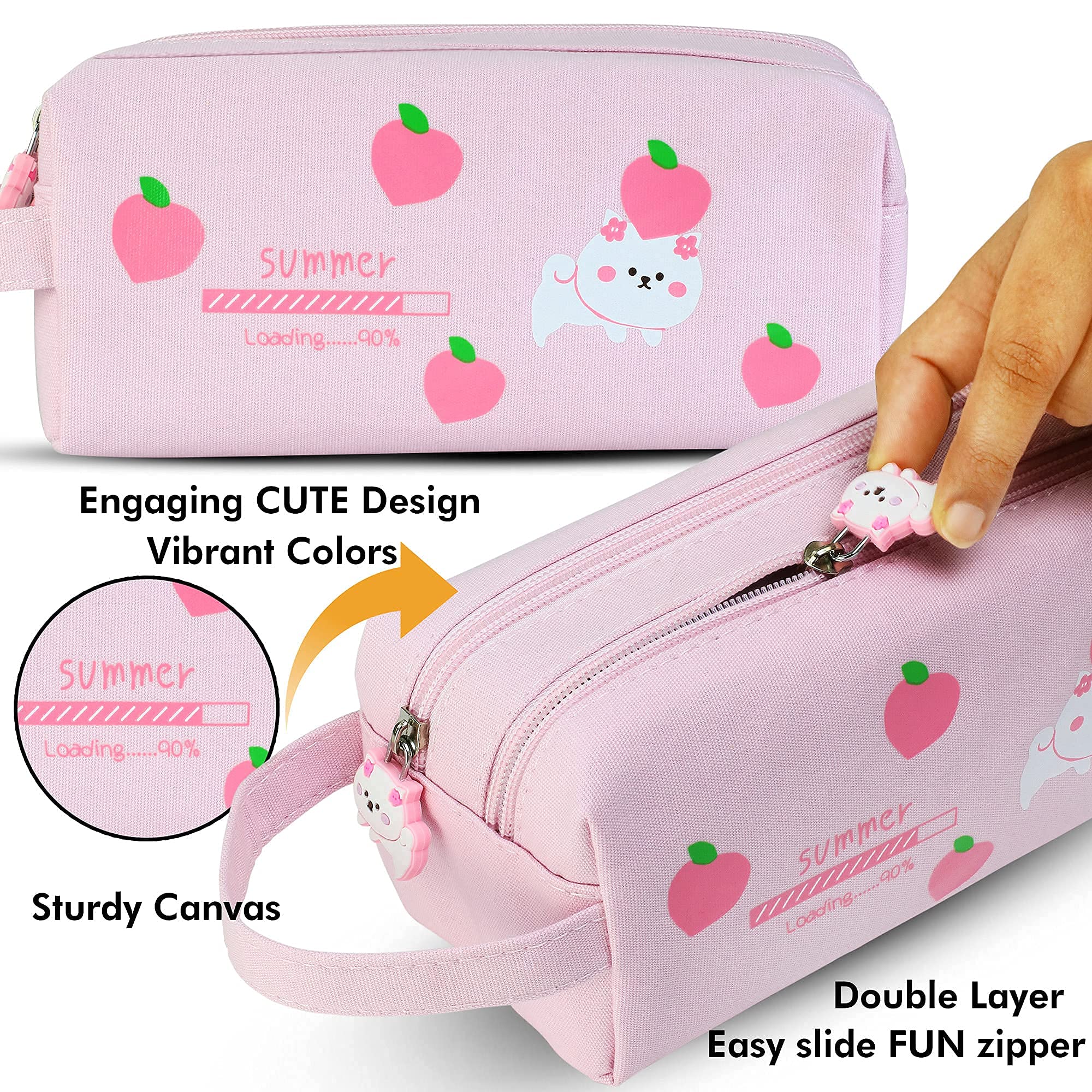 WittySilly Cute Cat Pencil Pouch for Girls, Kawaii Large Capacity Pink Pencil Case, Stationery Organizer Bag, High School College Pen Case, Office Supply Case Organizer (Soft Pink)