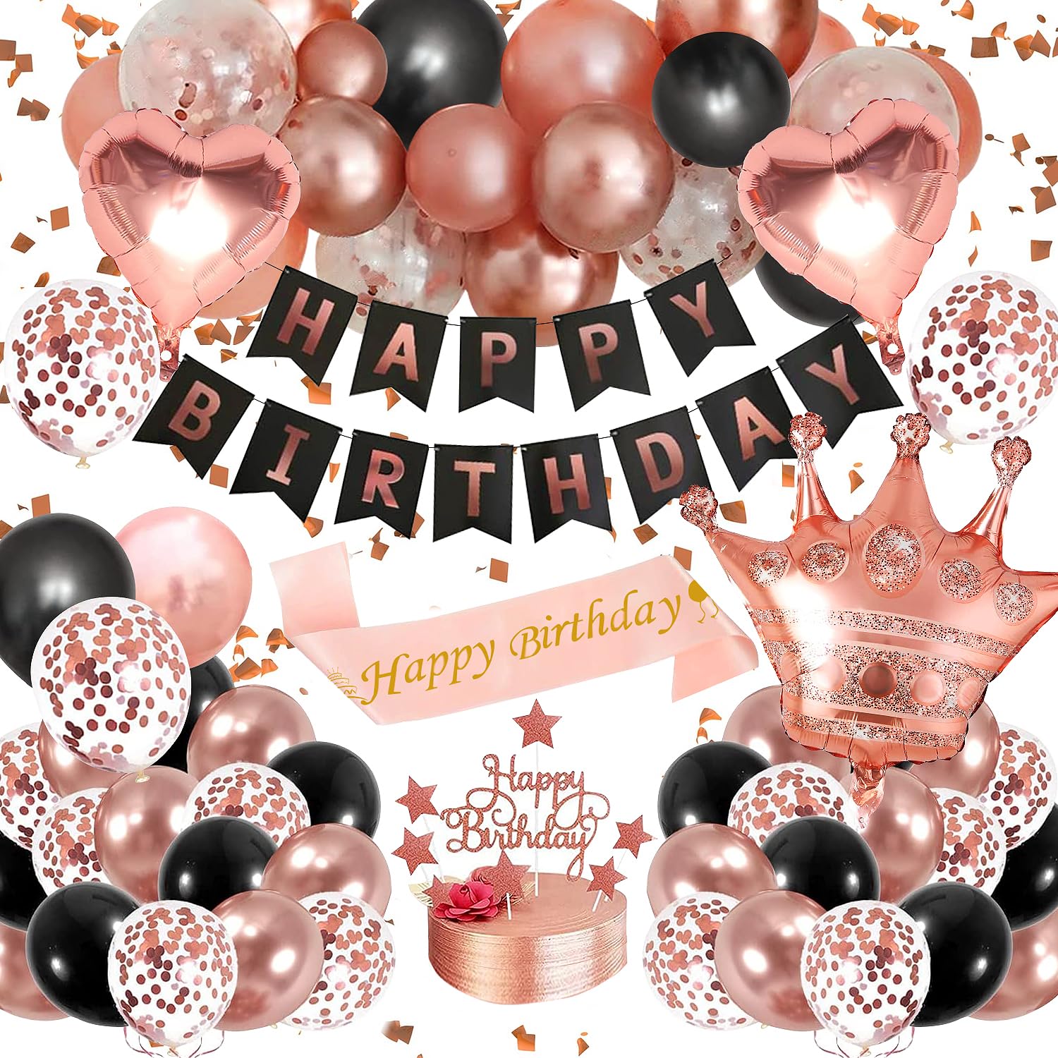 Rose Gold and Black Birthday Party Decorations with Happy Birthday Banner for Women Girls, Decor Set for Her, 16th 18th 21th 30th 40th 50th 60th 70th Supplies Balloons