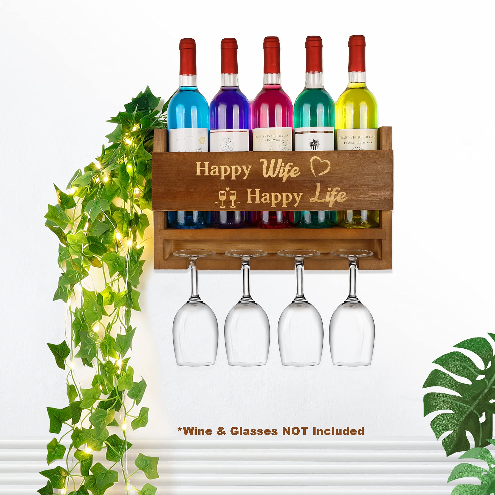 Valentine's Day Gifts for Wife,Wood Wall Mounted Wine Rack with Vines Remote Lights,Wine Display Storage Holder for Kitchen Dining Room Home Bar,Women Gifts Ideas for Anniversary, Birthday Gifts