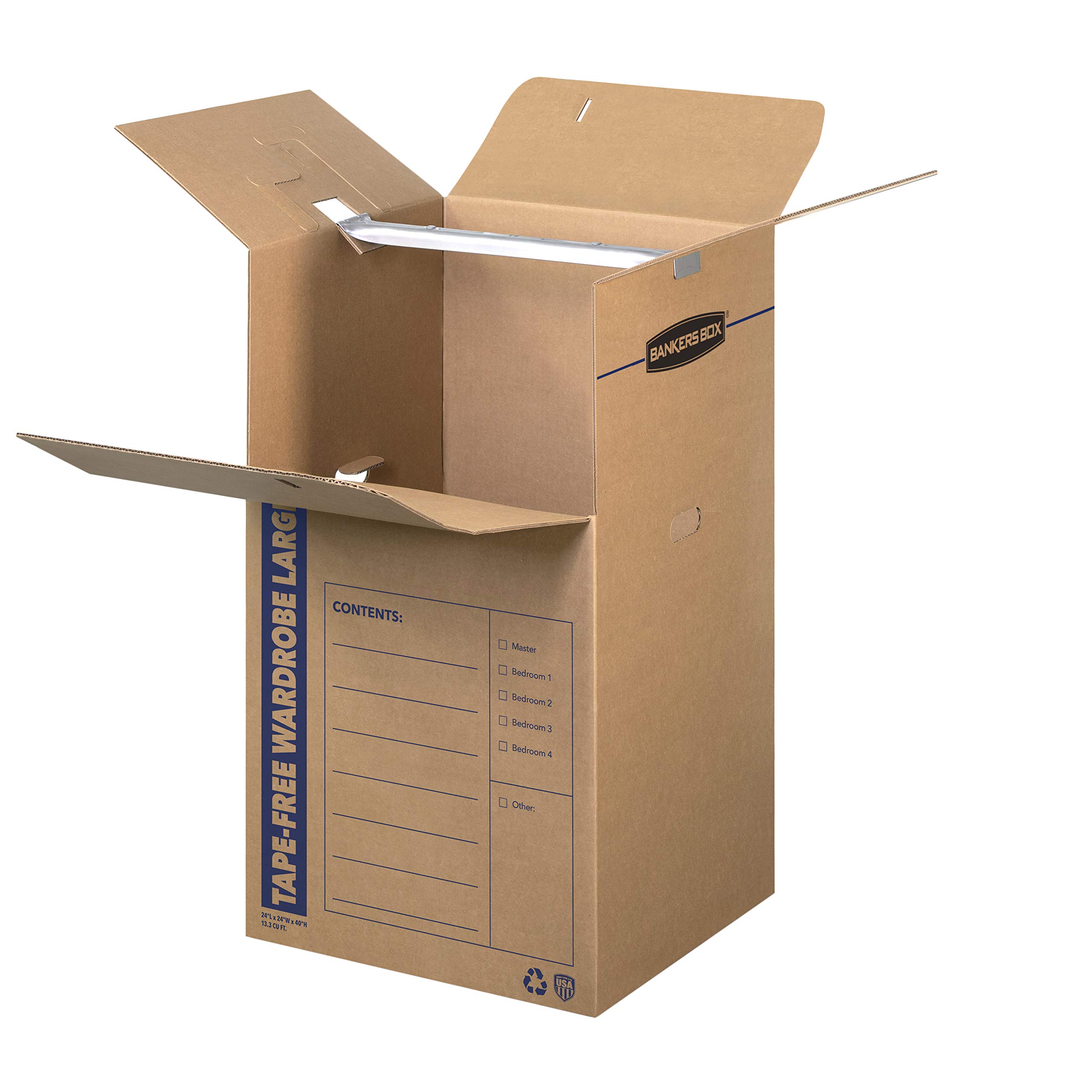Bankers Box 7710501 SmoothMove Tape-Free Wardrobe Boxes, Large 24.38”L x 24.38”W x 40.25”H, 3 Pack