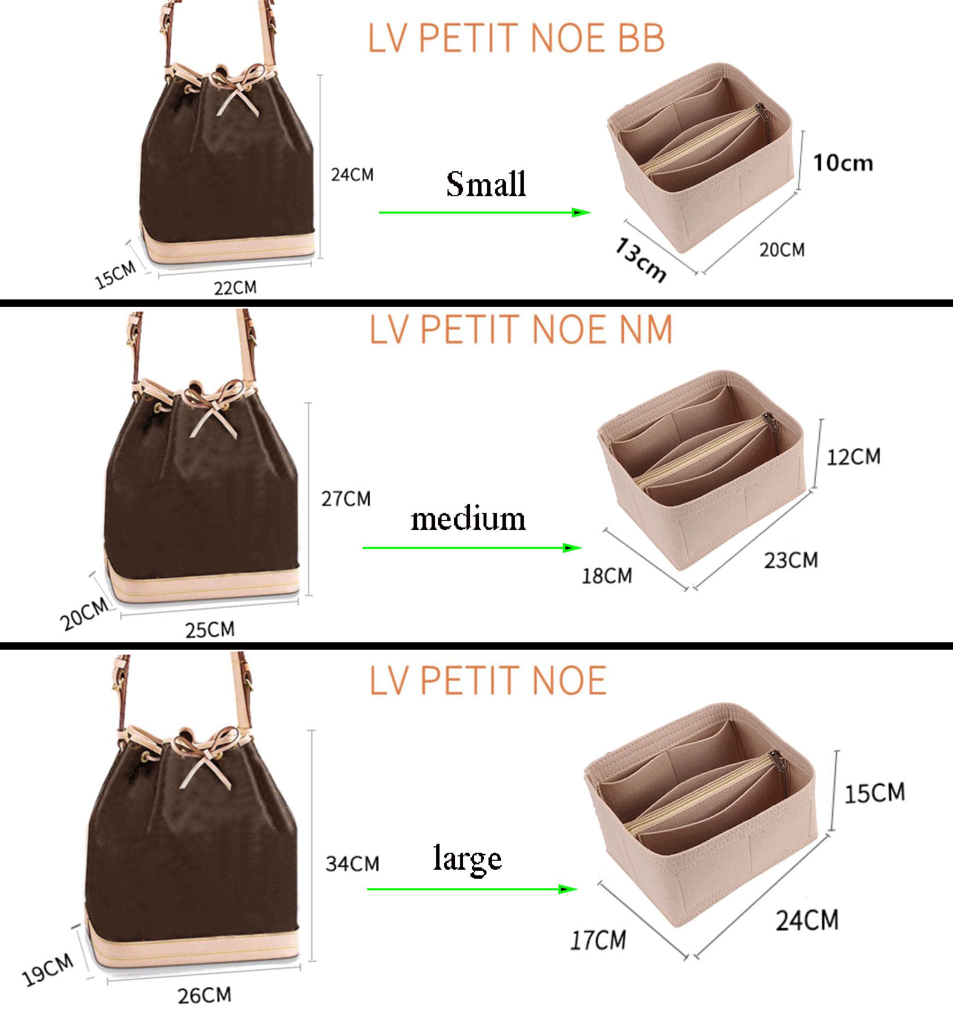 Lckaey Purse Organizer for NOE inner bag NOE BB bucket bag Petit NOE NM storage bag small zipper insert3053khaki-L