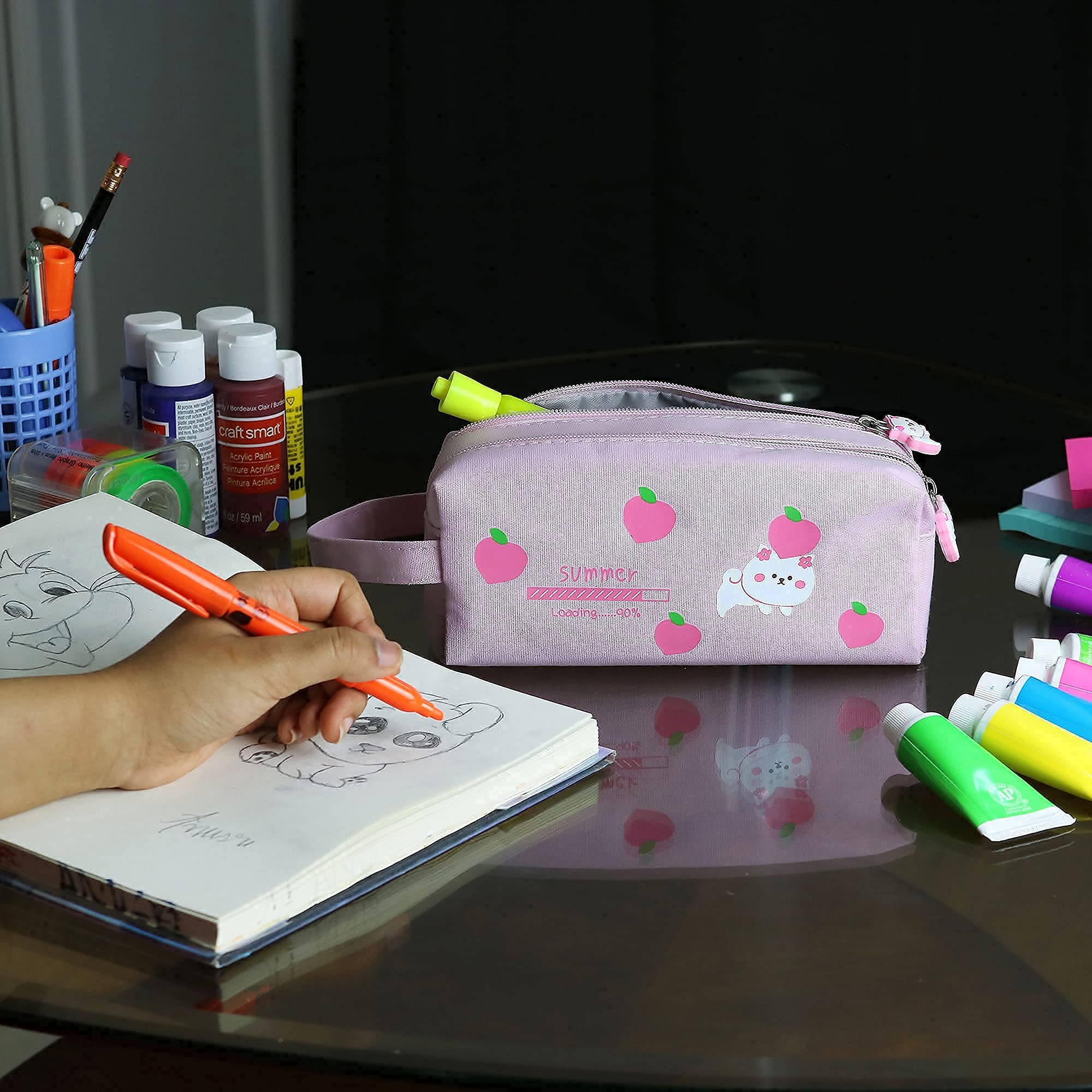 WittySilly Cute Cat Pencil Pouch for Girls, Kawaii Large Capacity Pink Pencil Case, Stationery Organizer Bag, High School College Pen Case, Office Supply Case Organizer (Soft Pink)