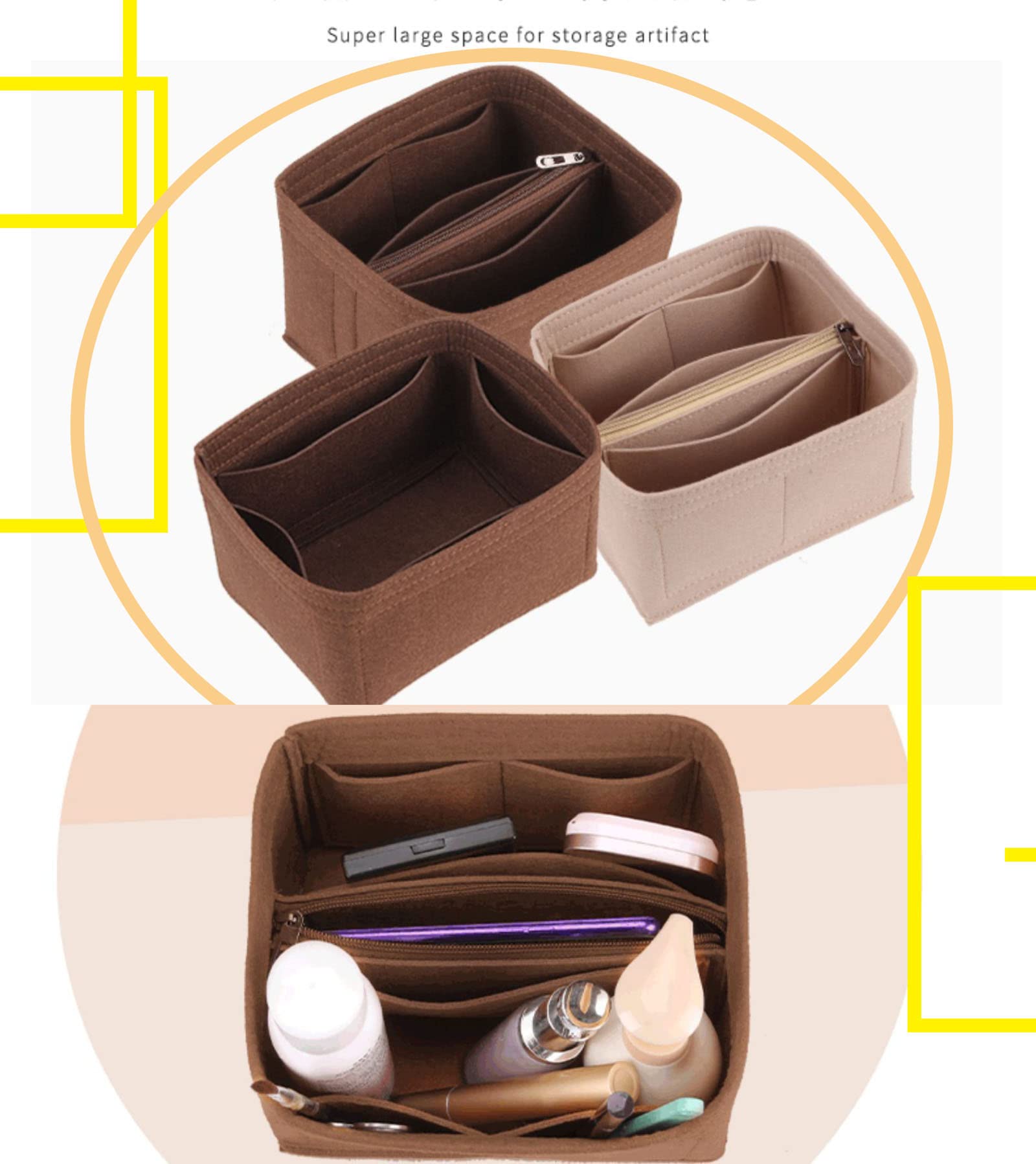 Lckaey Purse Organizer for NOE inner bag NOE BB bucket bag Petit NOE NM storage bag small zipper insert3053khaki-L