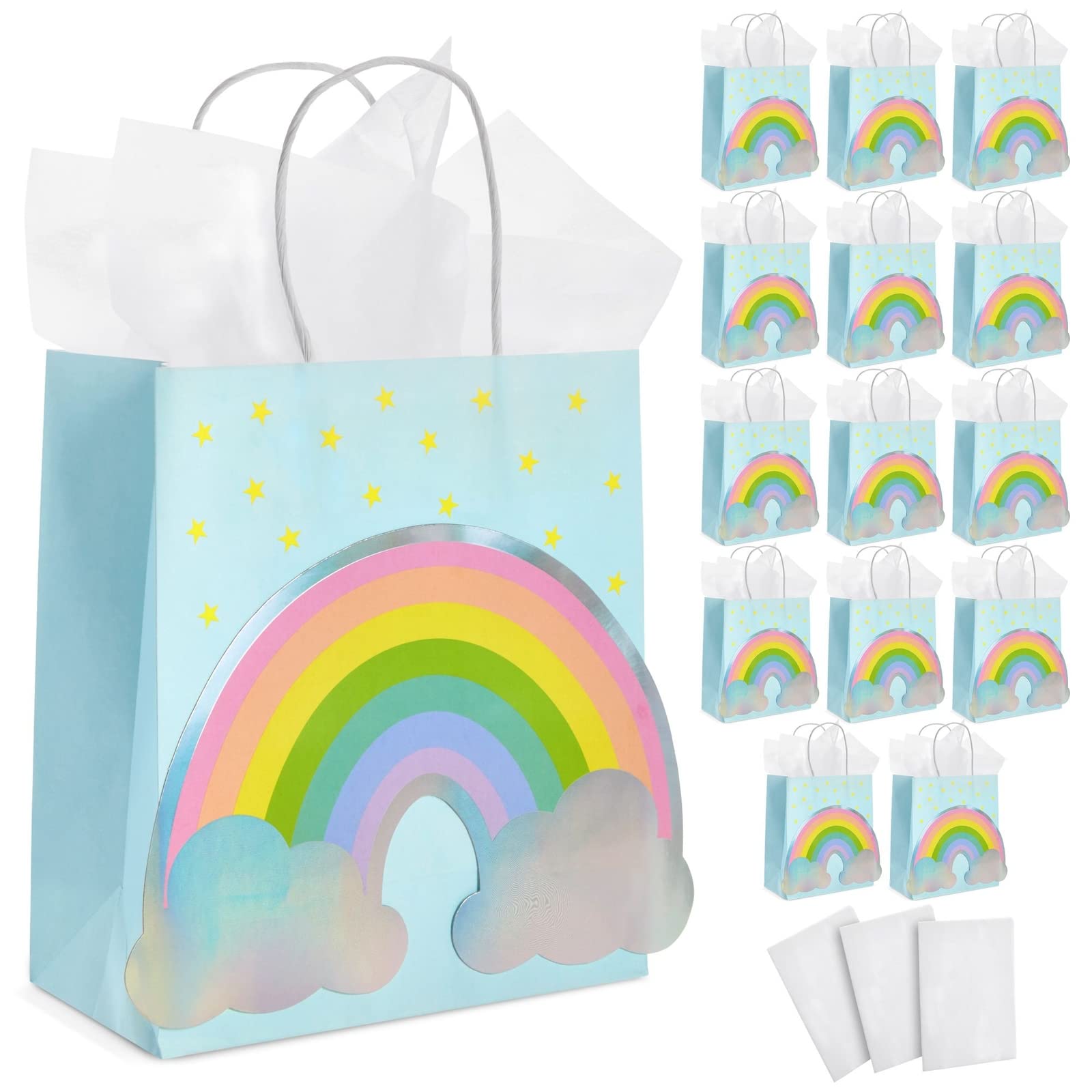 Rainbow Gift Bags with Handles and White Tissue Paper (15 Pack)