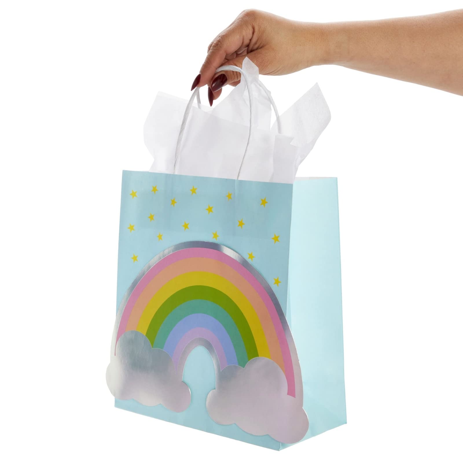 Rainbow Gift Bags with Handles and White Tissue Paper (15 Pack)