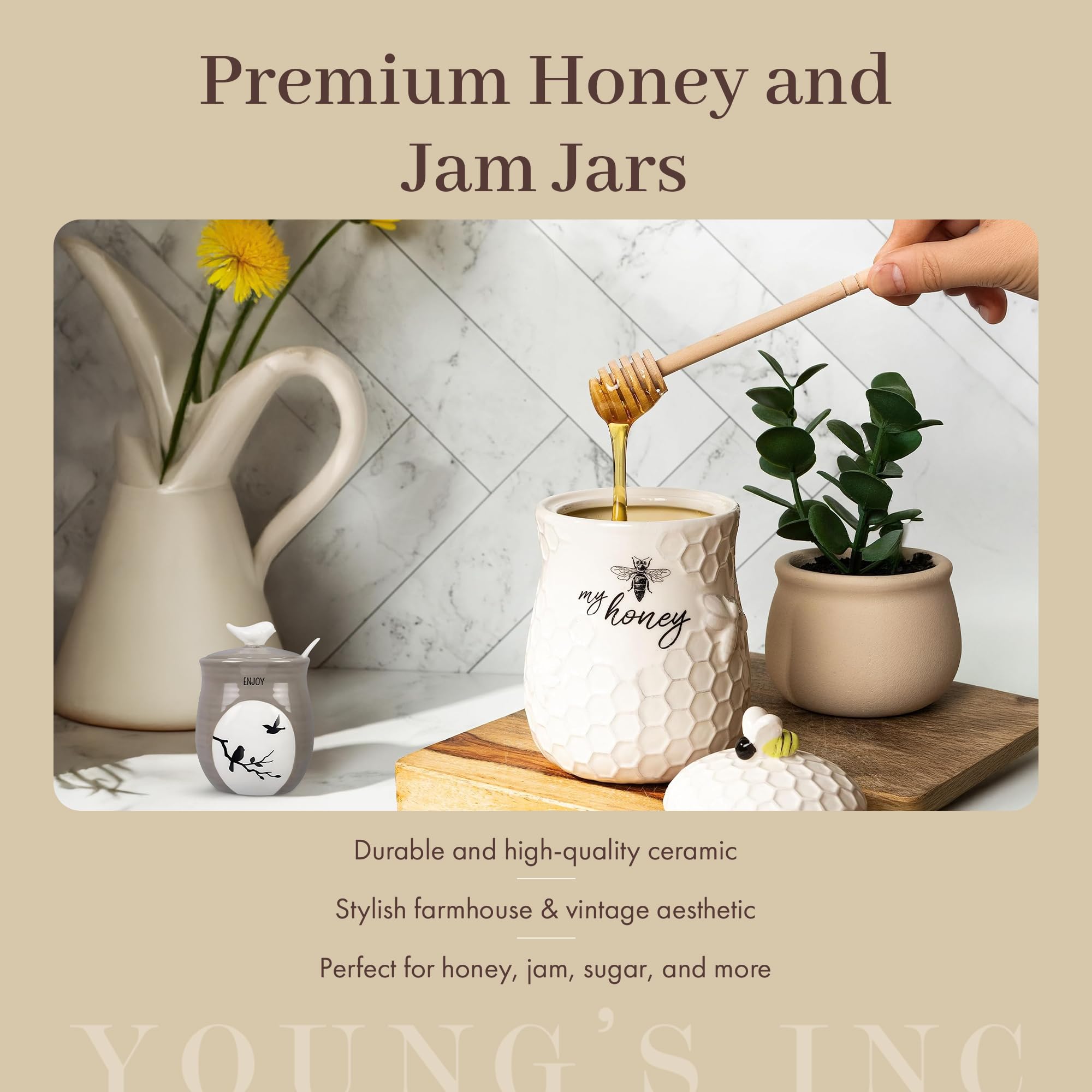 Young's Inc. Ceramic Honey Jar with Wooden Honey Dipper - Farmhouse Kitchen Decor - Tea Accessories