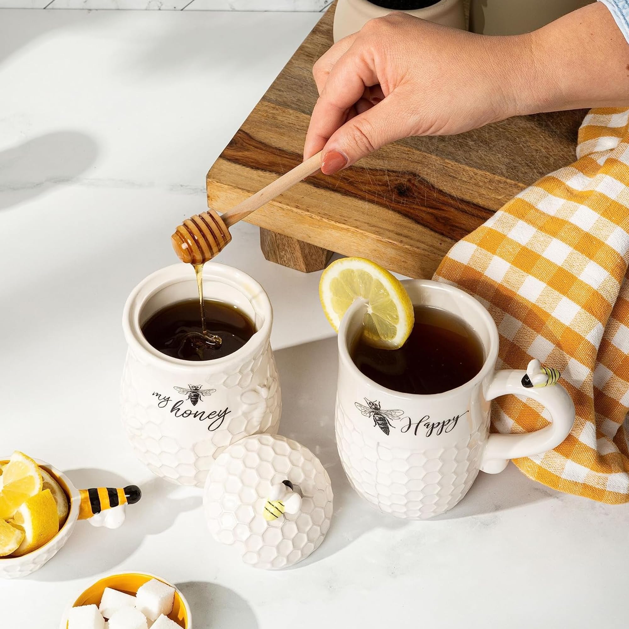 Young's Inc. Ceramic Honey Jar with Wooden Honey Dipper - Farmhouse Kitchen Decor - Tea Accessories
