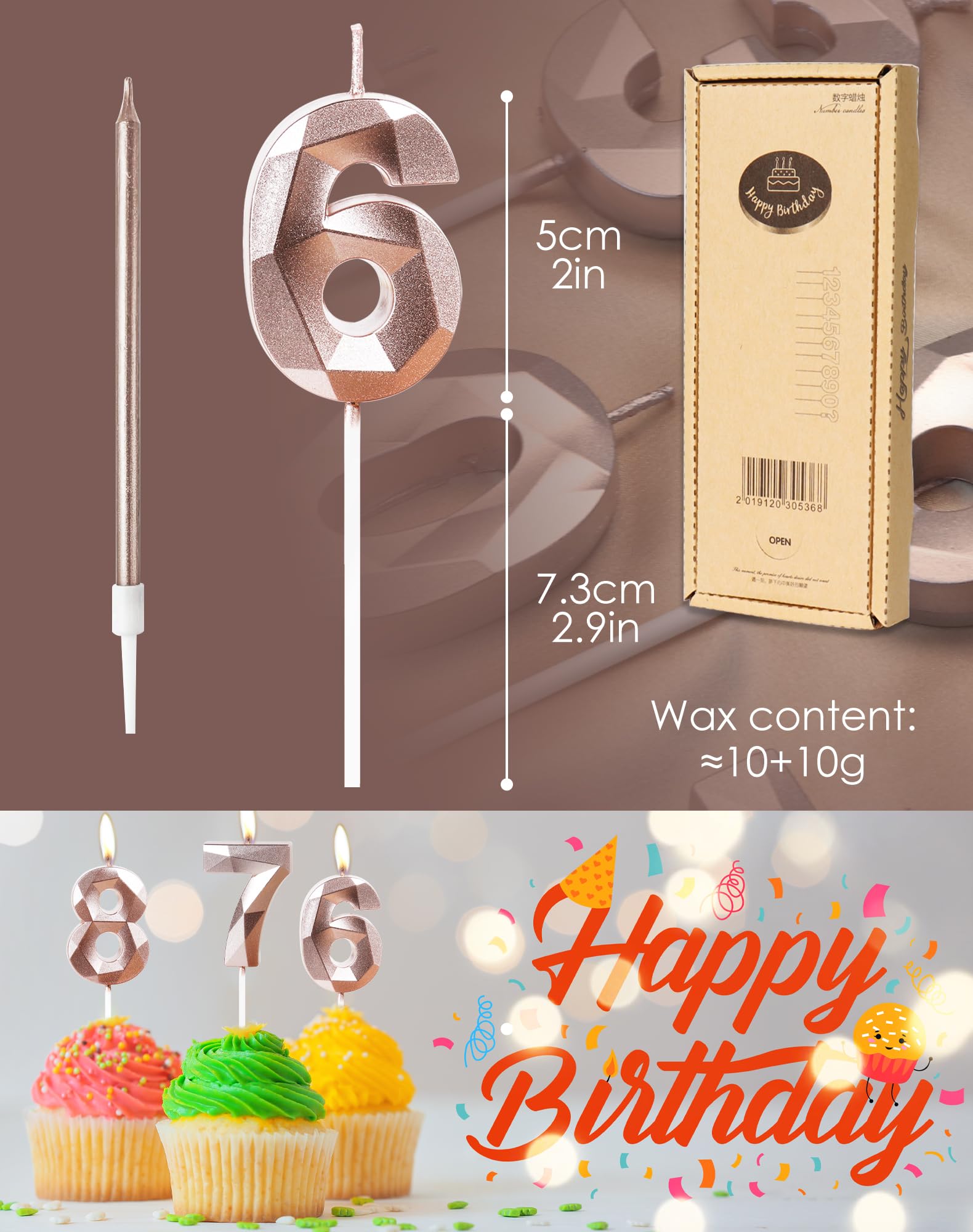 Rose Gold Birthday Candles Number 60 Candle with 6pcs Long Birthday Candles, Birthday Candles for Cake,60th Birthday Party Decorations Women Men Cake Topper Wedding Anniversary Celebration Supplies