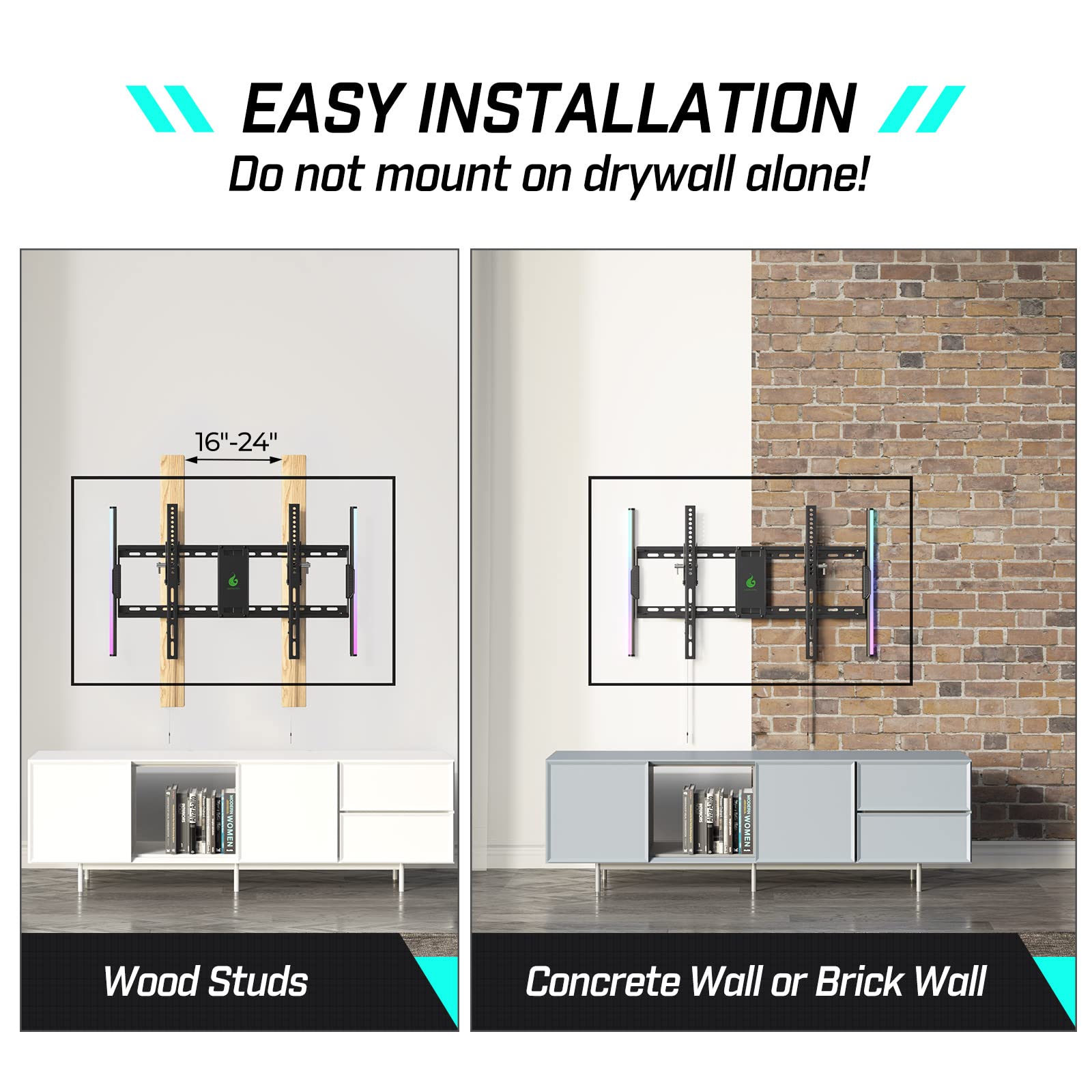 Greenstell TV Wall Mount with LED Lights, Tilt TV Mount for 37"-75" Flat/Curved TVs, Low Profile Wall Mount TV Bracket Fit 16"-24" Stud, Max VESA 600x400mm, Holds up to 132lbs