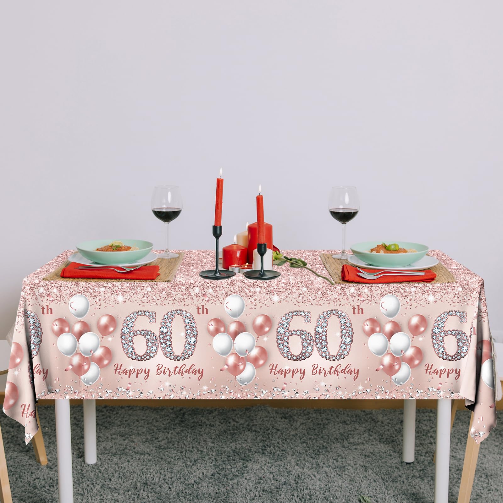 CMUSKO 3 Pack 60th Birthday Tablecloth Decorations for Women, Pink Rose Gold Table Cover Happy 60 Birthday Theme Party Supplies, 60 Year Old Birthday Plastic Rectangular Table Cloth Decor