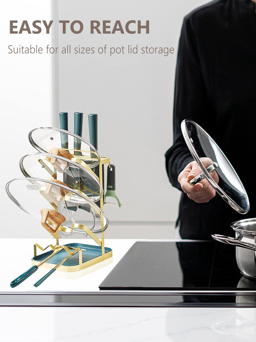 Pot Lid Organizer Rack, Pot Lid Holder for Cabinet and Counter, Kitchen Lid and Spoon Holder with Drip Tray (Gold)