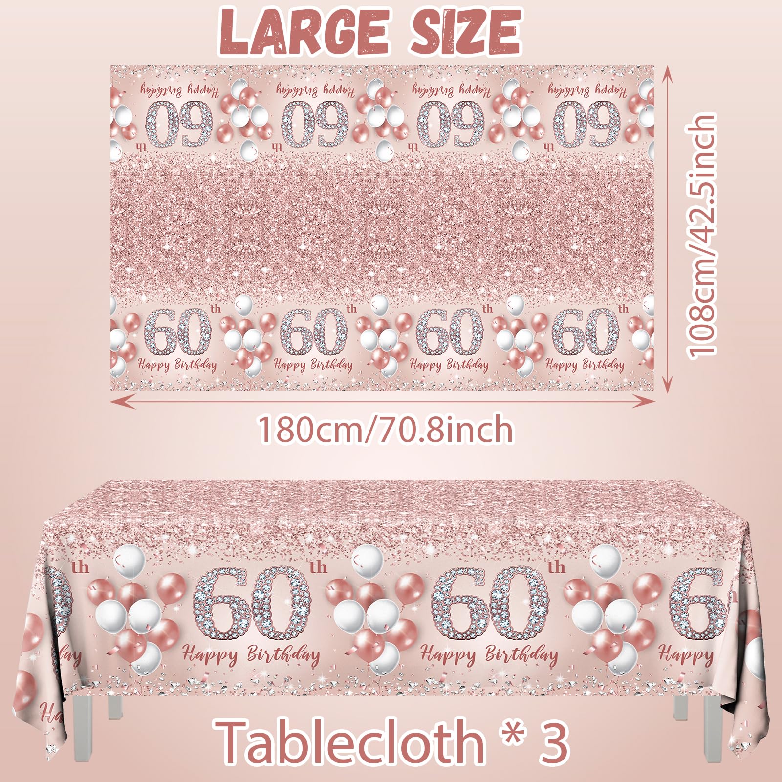 CMUSKO 3 Pack 60th Birthday Tablecloth Decorations for Women, Pink Rose Gold Table Cover Happy 60 Birthday Theme Party Supplies, 60 Year Old Birthday Plastic Rectangular Table Cloth Decor