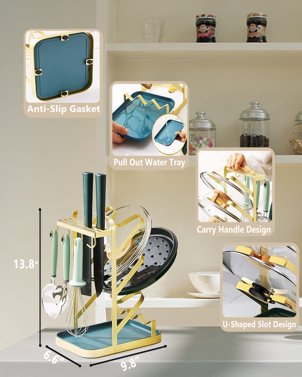 Pot Lid Organizer Rack, Pot Lid Holder for Cabinet and Counter, Kitchen Lid and Spoon Holder with Drip Tray (Gold)