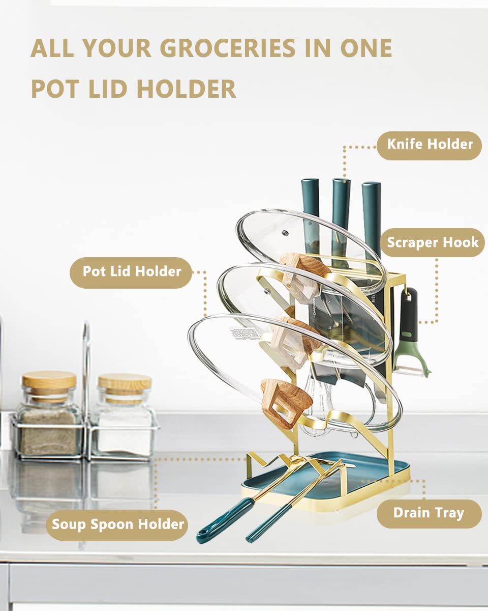 Pot Lid Organizer Rack, Pot Lid Holder for Cabinet and Counter, Kitchen Lid and Spoon Holder with Drip Tray (Gold)
