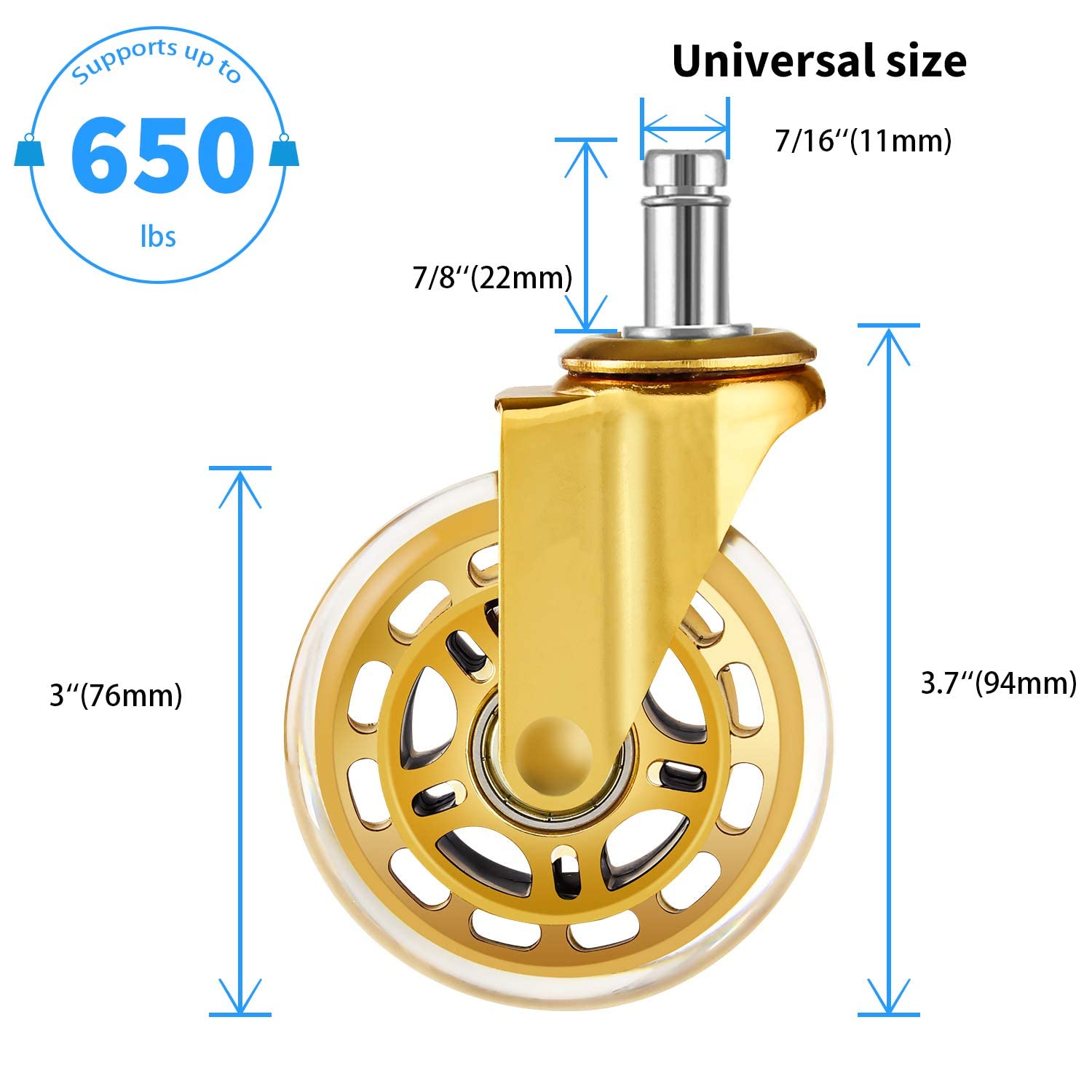 Office Chair Wheels Replacement,(Set of 5) 2.5'' Office Caster Wheels Smooth Rolling Heavy Duty Casters Safe for All Floors Including Hardwood - Universal Stem 7/16 Inch, Gold